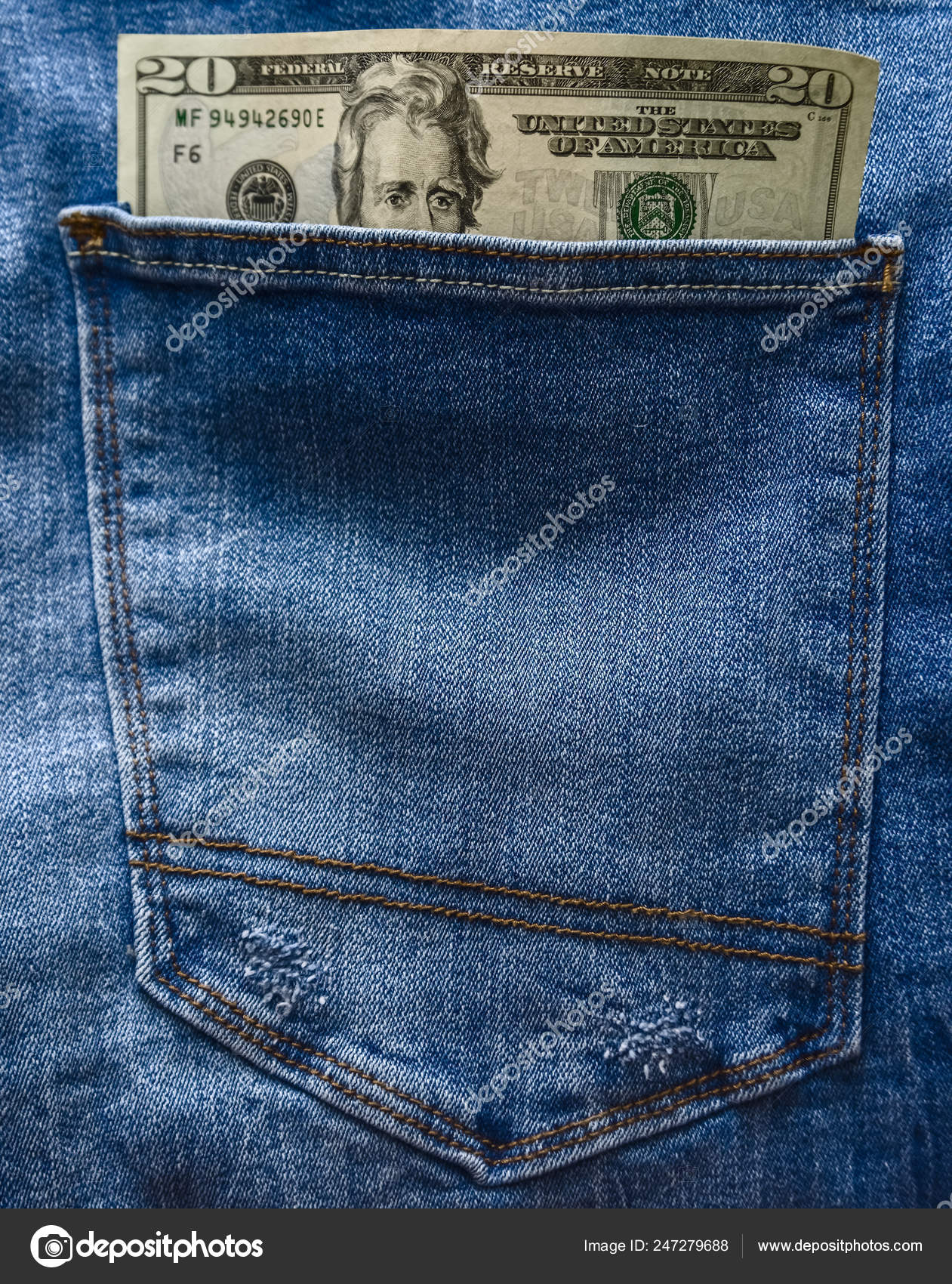 Twenty Dollars Your Pocket Blue Jeans Banknote Bill — Stock Photo ...