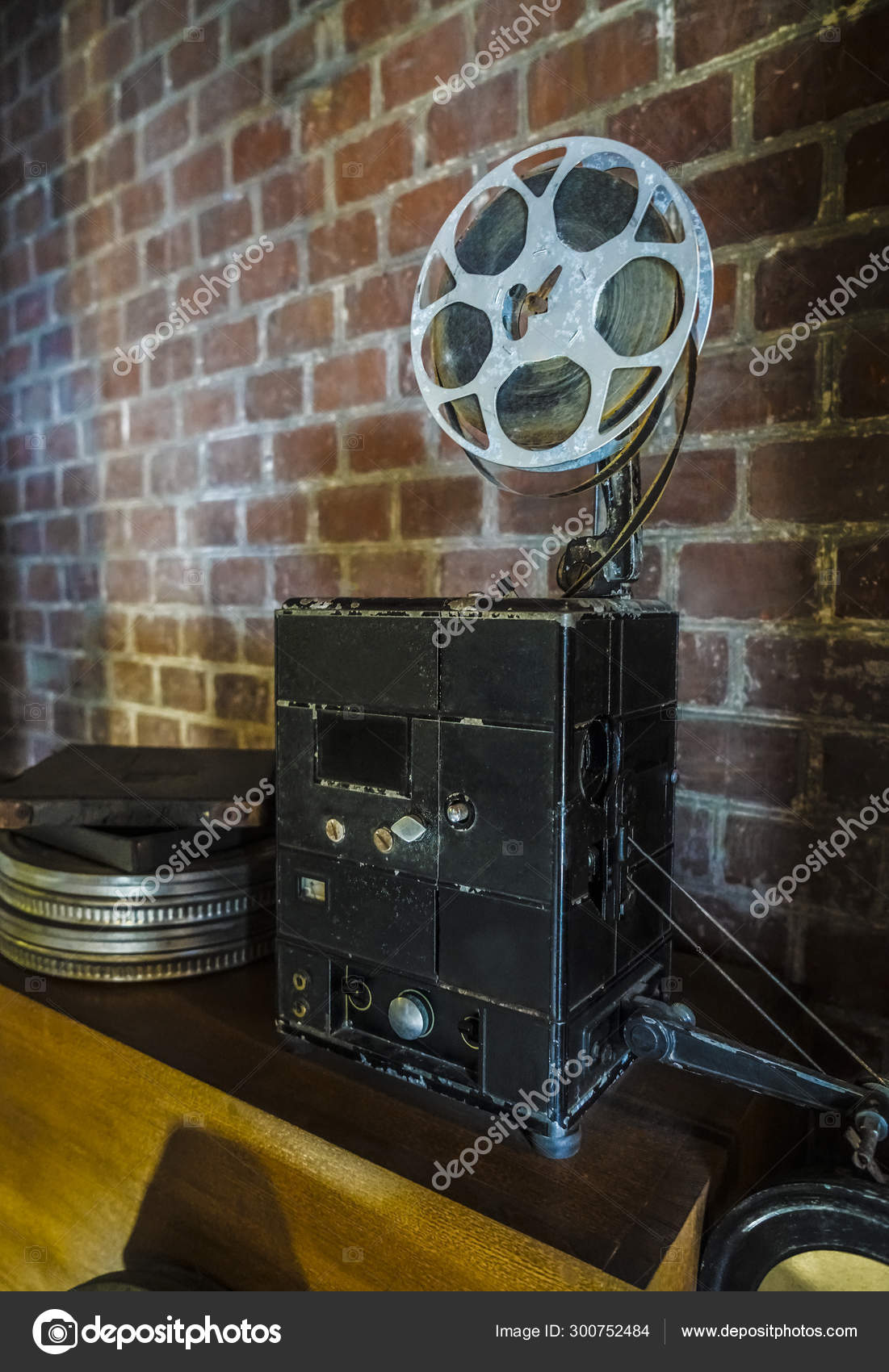 Photo Old Movie Projector Brick Wall Background Old Style Movie — Stock ...