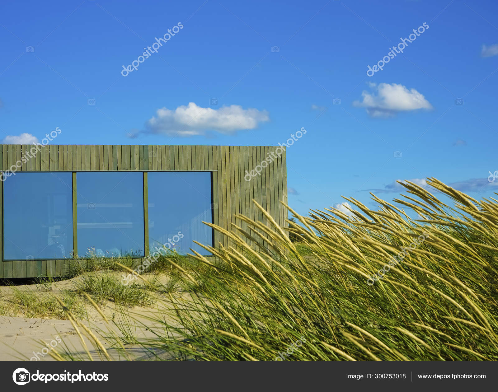 Rectangular Wooden House Big Windows Beach Background Wooden Cabin ...
