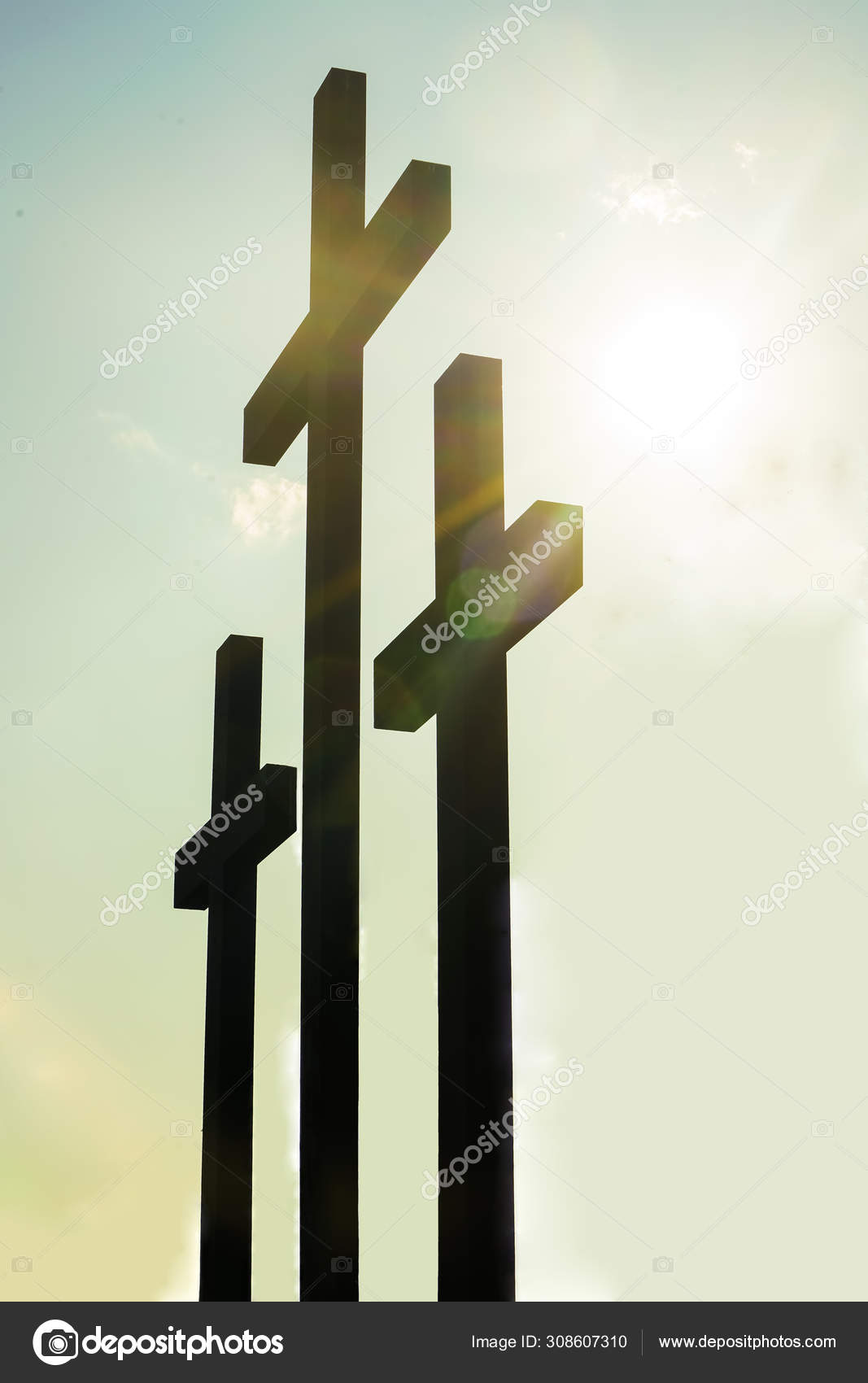 Three Wooden Crosses Stand Dramatic Evening Sky Radiant Beams ...