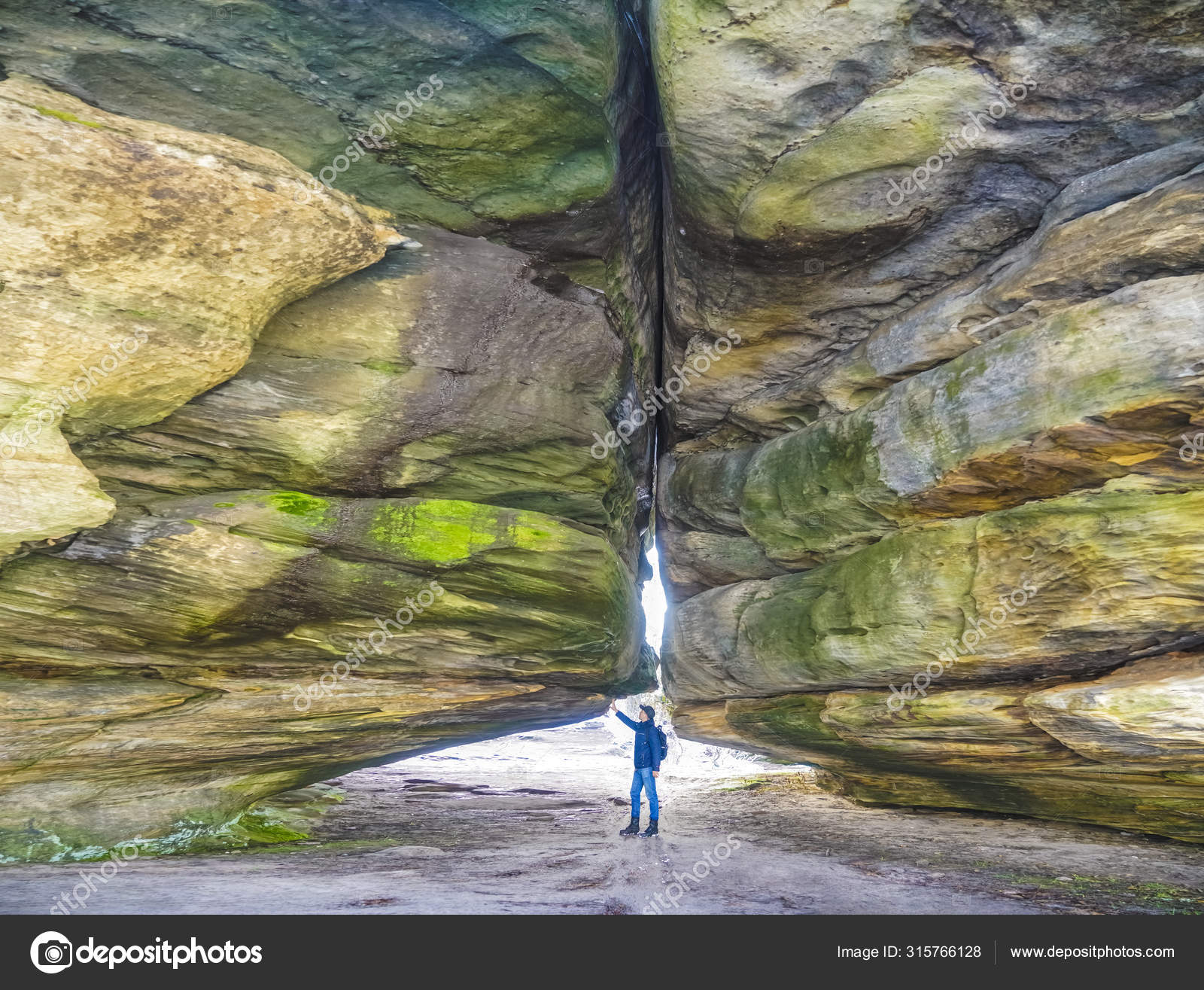 Hiker Backpack Climbing Stone Wall Stepping Some Green Steps Climb ...