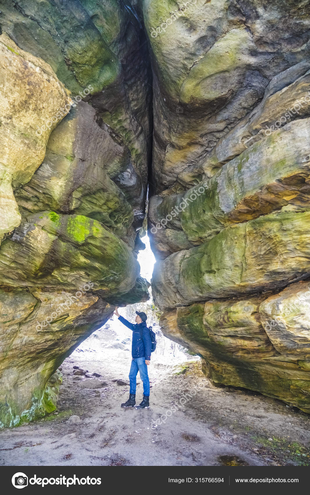 Hiker Backpack Climbing Stone Wall Stepping Some Green Steps Climb ...