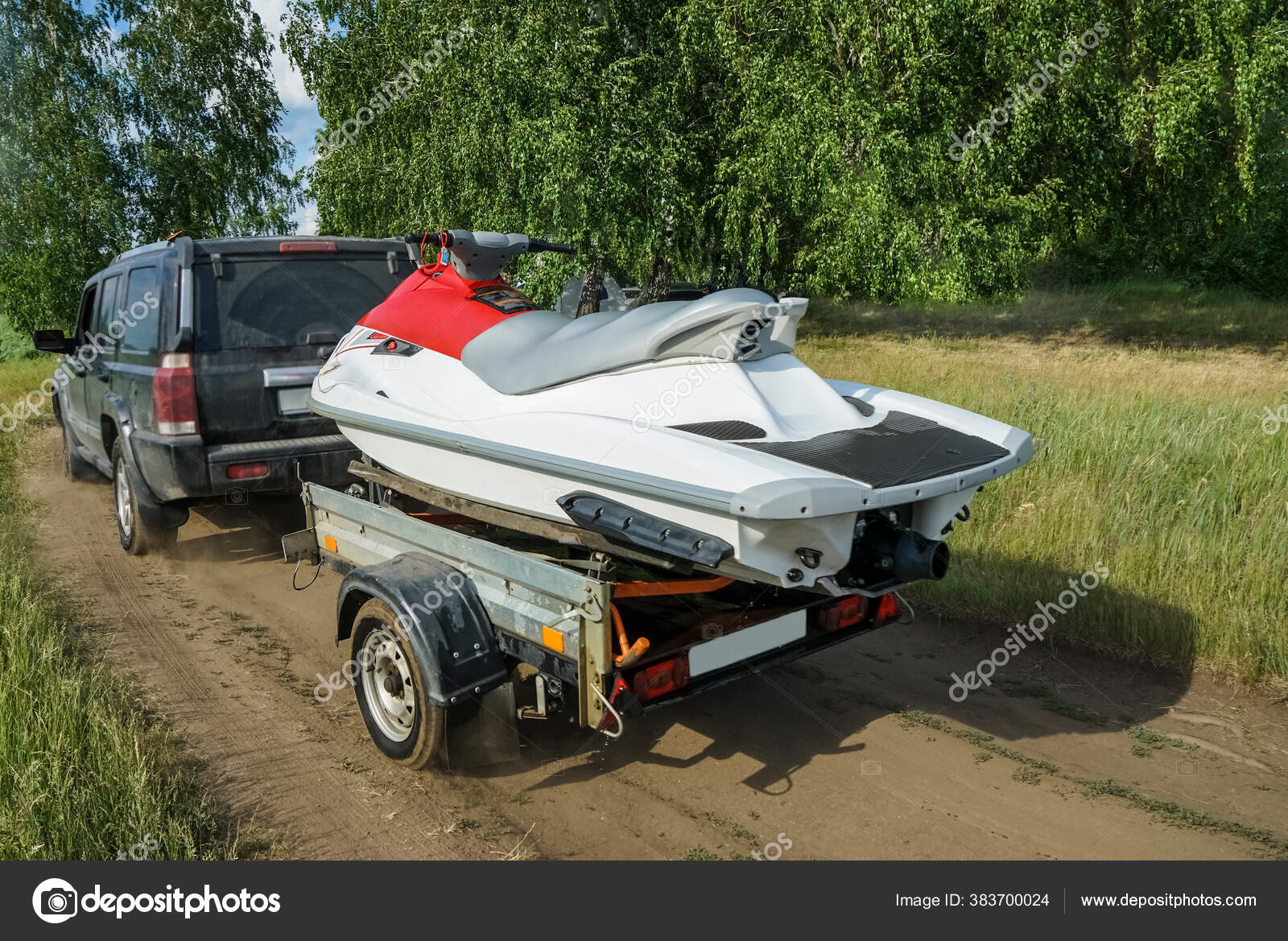 Back View Car White Sport Motor Boat Trailer Green Grass Stock Photo by ...