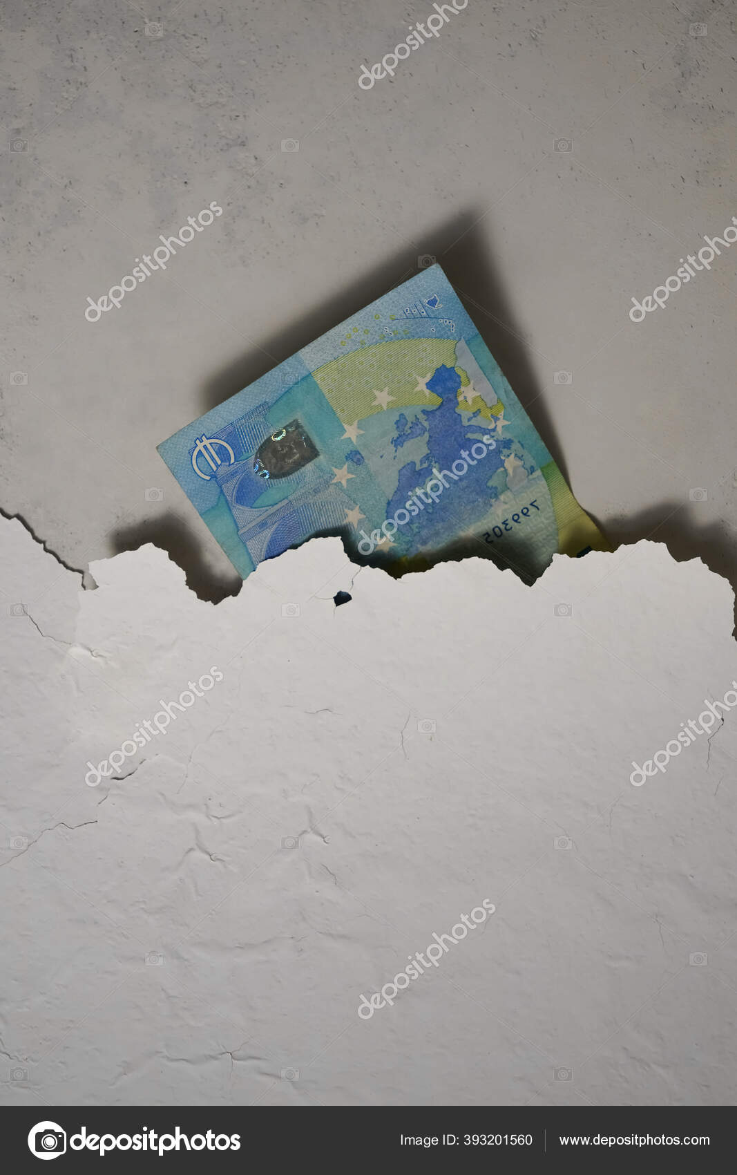 Euro Banknote Inserted Crack Wall Plaster Falls Concrete Wall — Stock ...