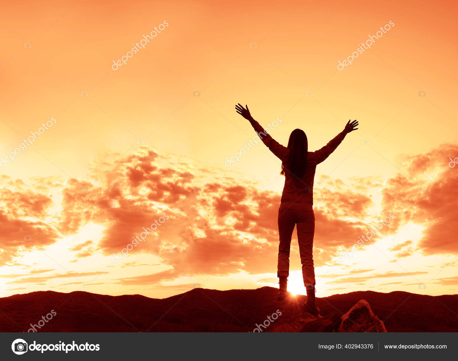 Woman Silhouette Standing Arms Up