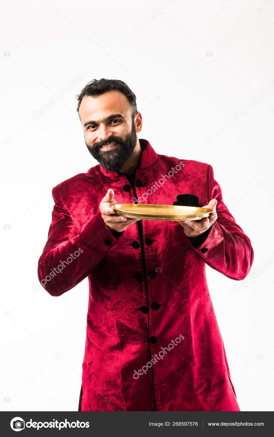 Indian Man Holding Empty Plate While Wearing Traditional Sherwani ...