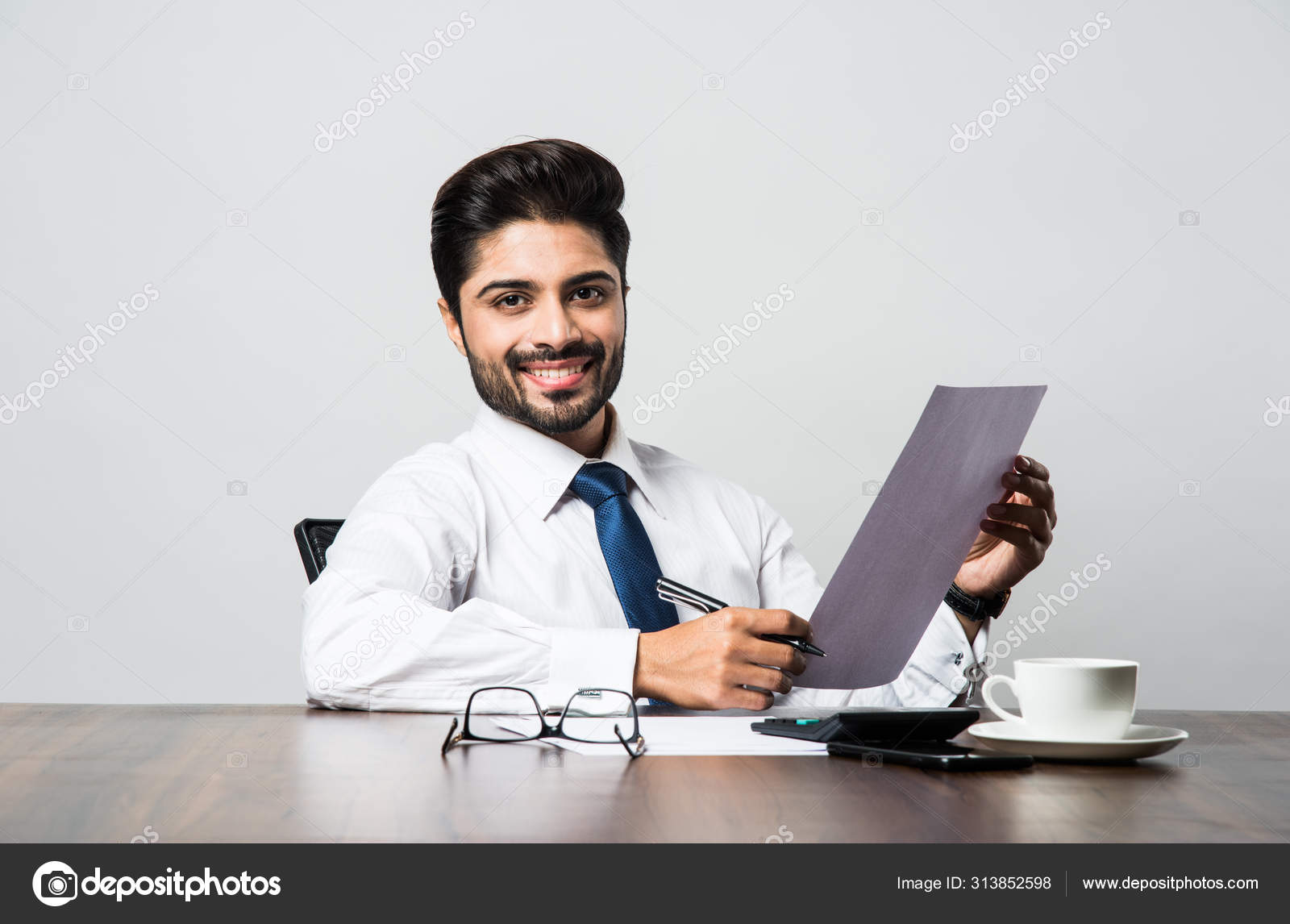 Bearded Indian Businessman Accounting While Sitting Desk Table Office ...