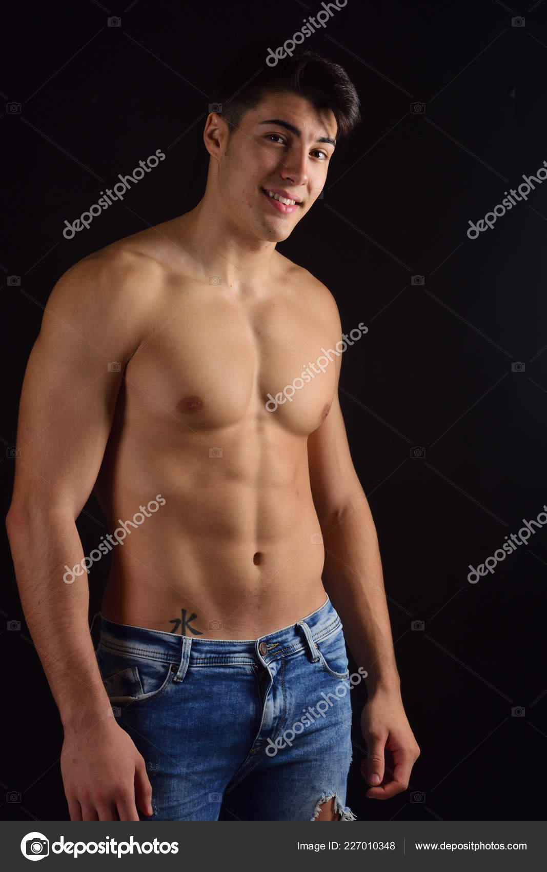 Portrait Young Man Torso Naked Jeans Black Background Stock Photo by ...