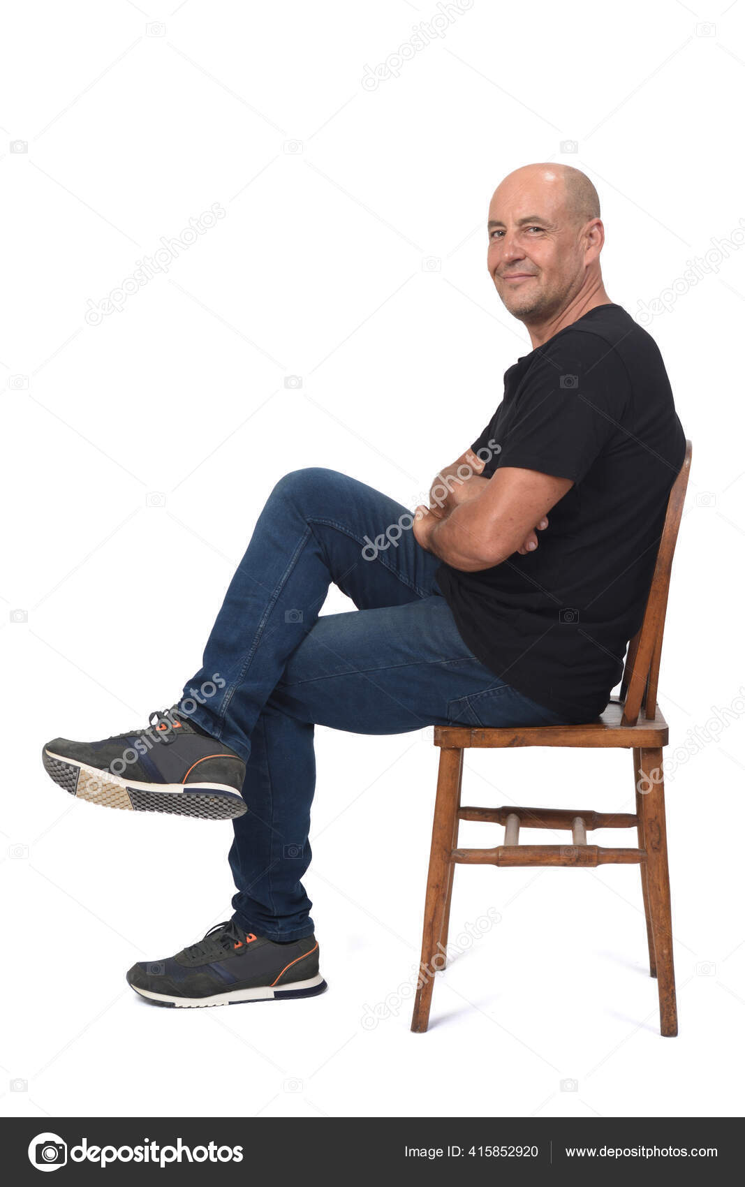 Full Portrait Bald Man Sitting Sideways White Background Arms Legs ...