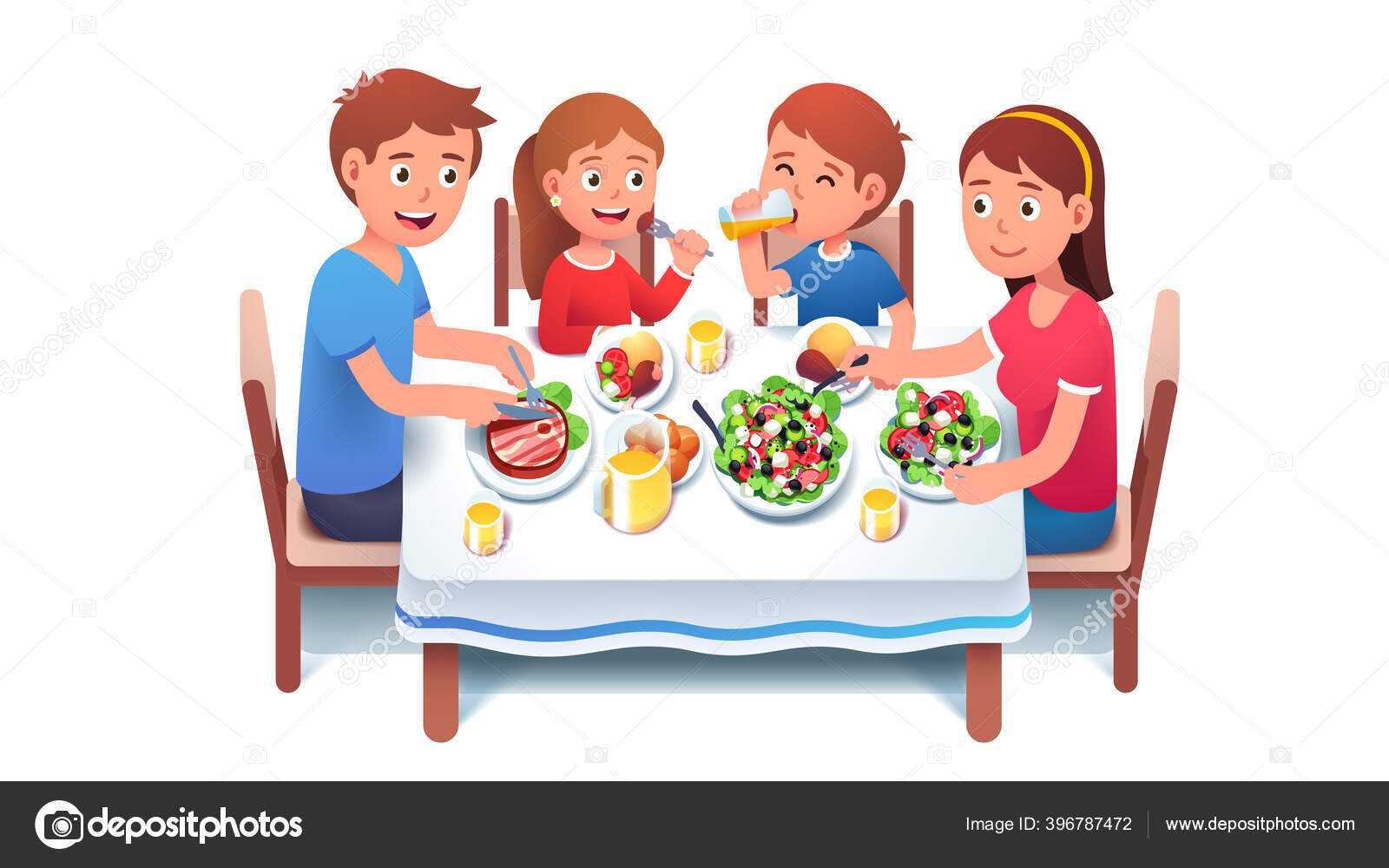 Cartoon Boy Eating Dinner With Family