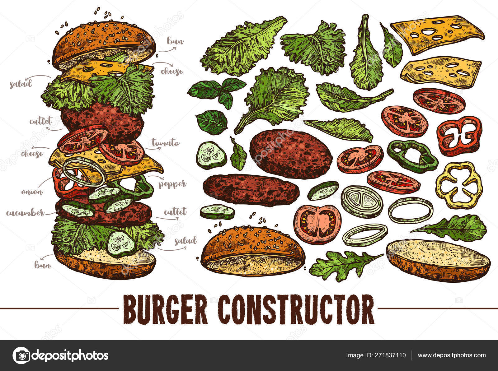 Hand Drawn Vector Burger Ingredients Sketch Illustration Hamburger ...