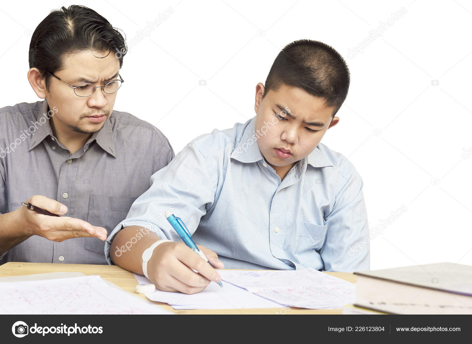 Asian Father Teaching Homework His Years Son Seriously — Stock Photo ...