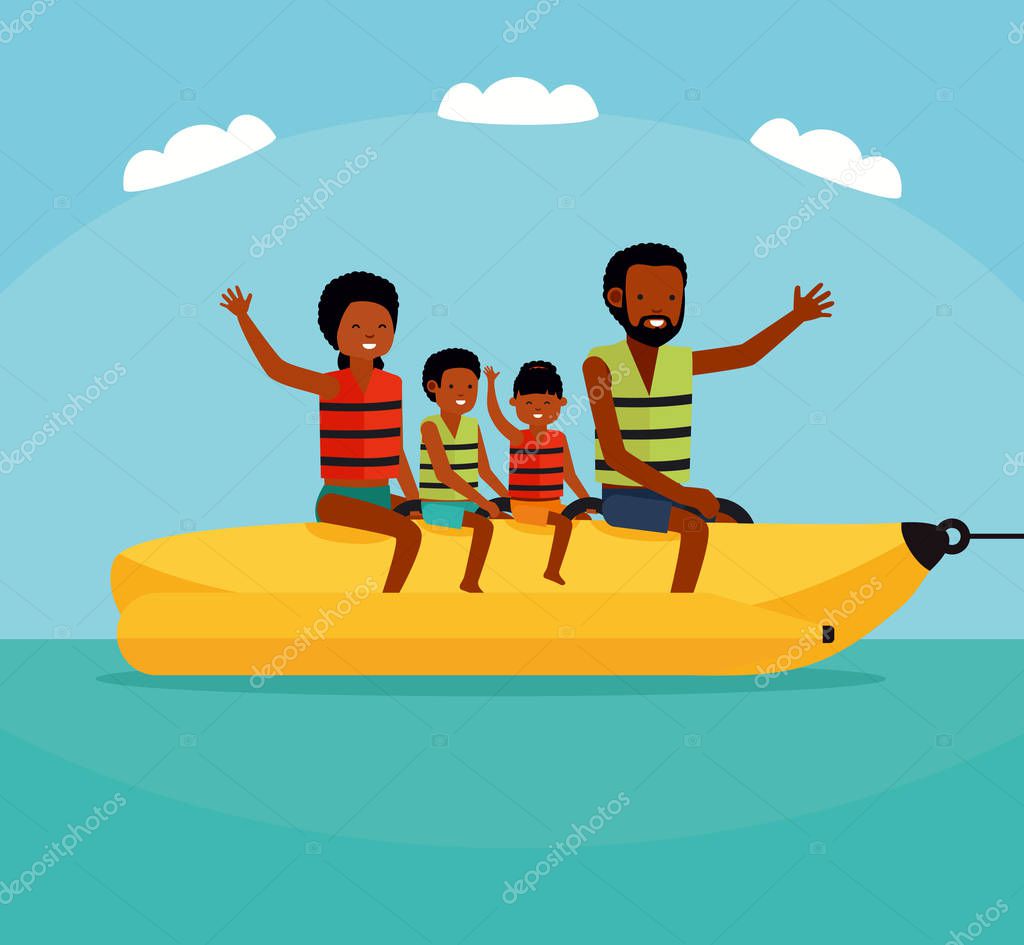 Agua de verano divertida. Familia montando en un barco de agua banana. Concepto de viaje activo ...