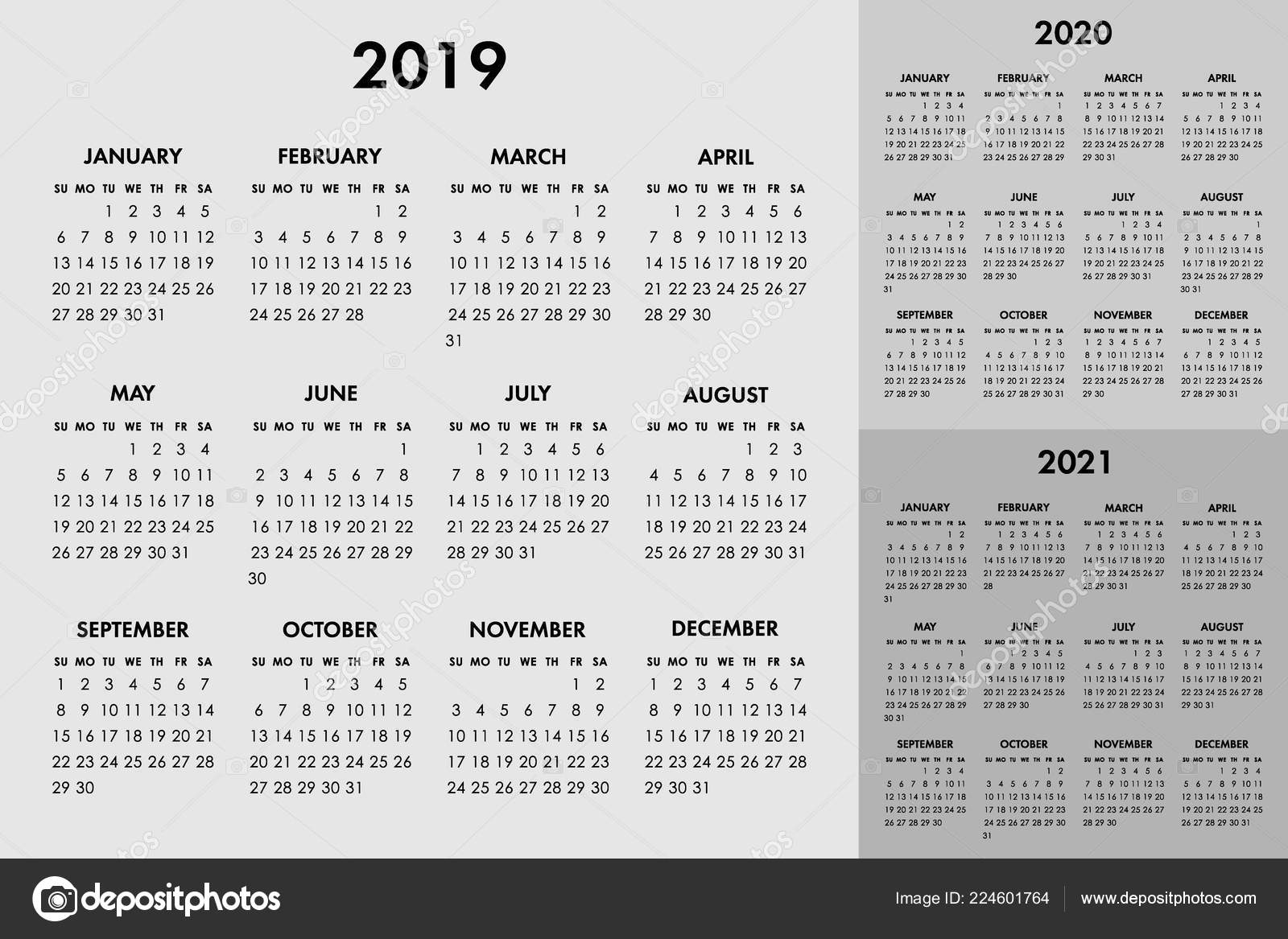 Calendario vectorial 2019 2020 2021 año. La semana comienza el domingo ...