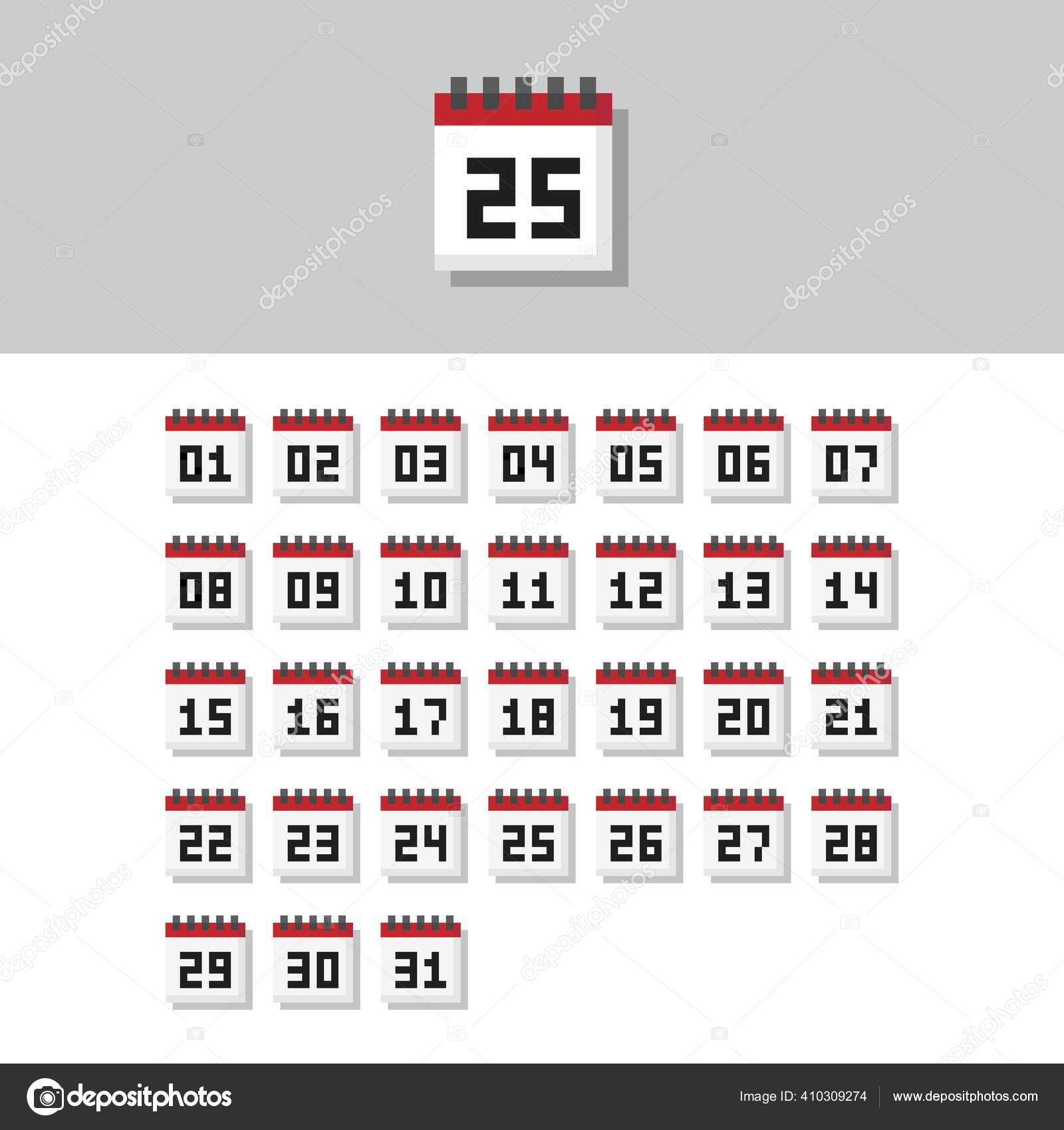 Pixel Art Bit Dias Mês Calendário Ícone Conjunto Ilustração Vetorial ...