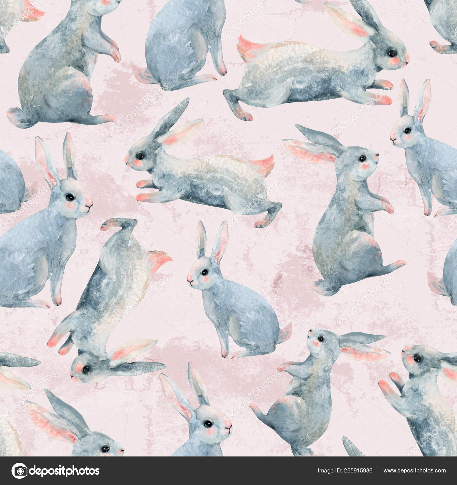 Hand painted watercolor rabbits background. Cute bunny seamless pattern ...