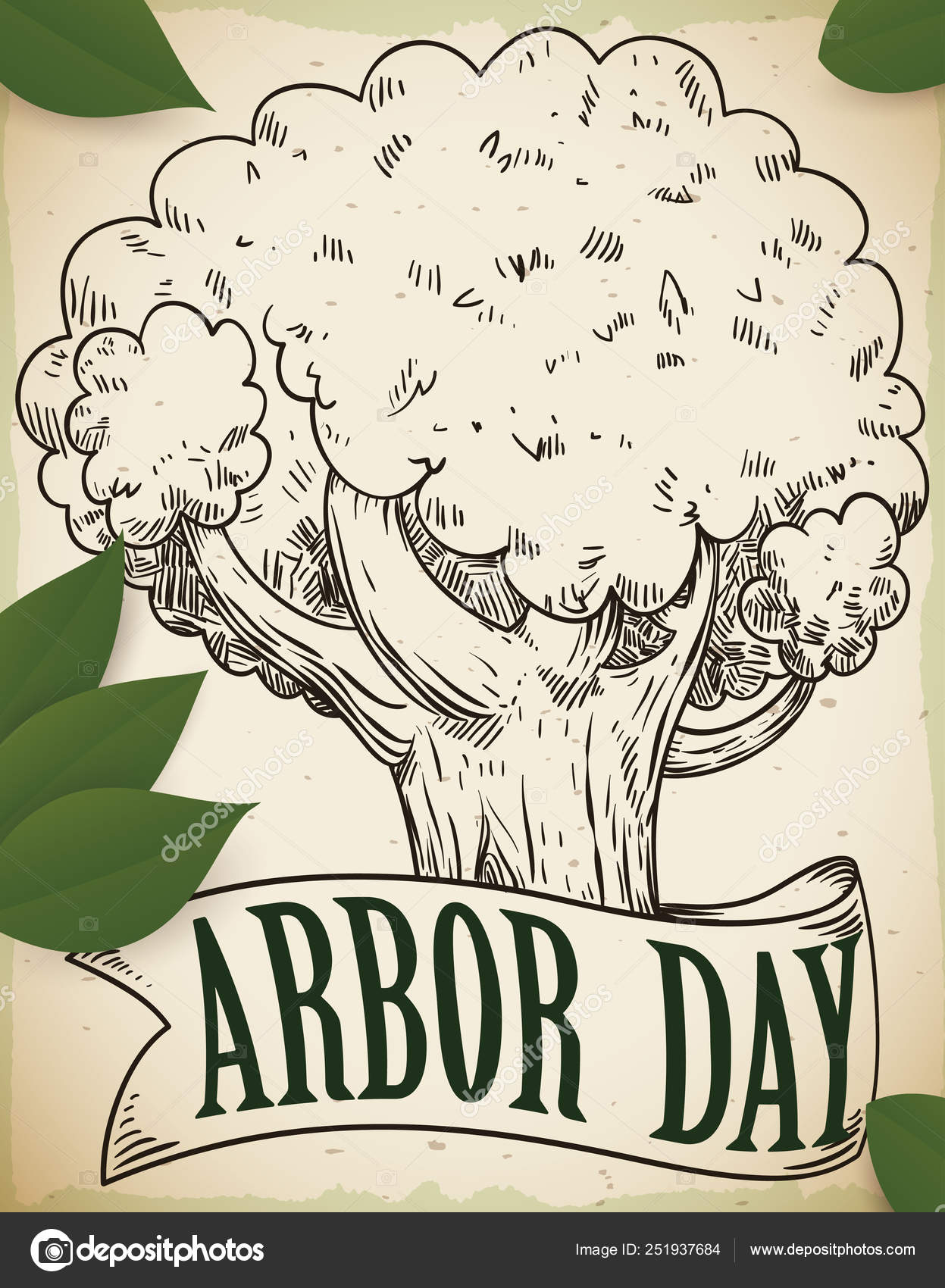 Hand Drawn Tree and Ribbon with Leaves for Arbor Day, Vector ...
