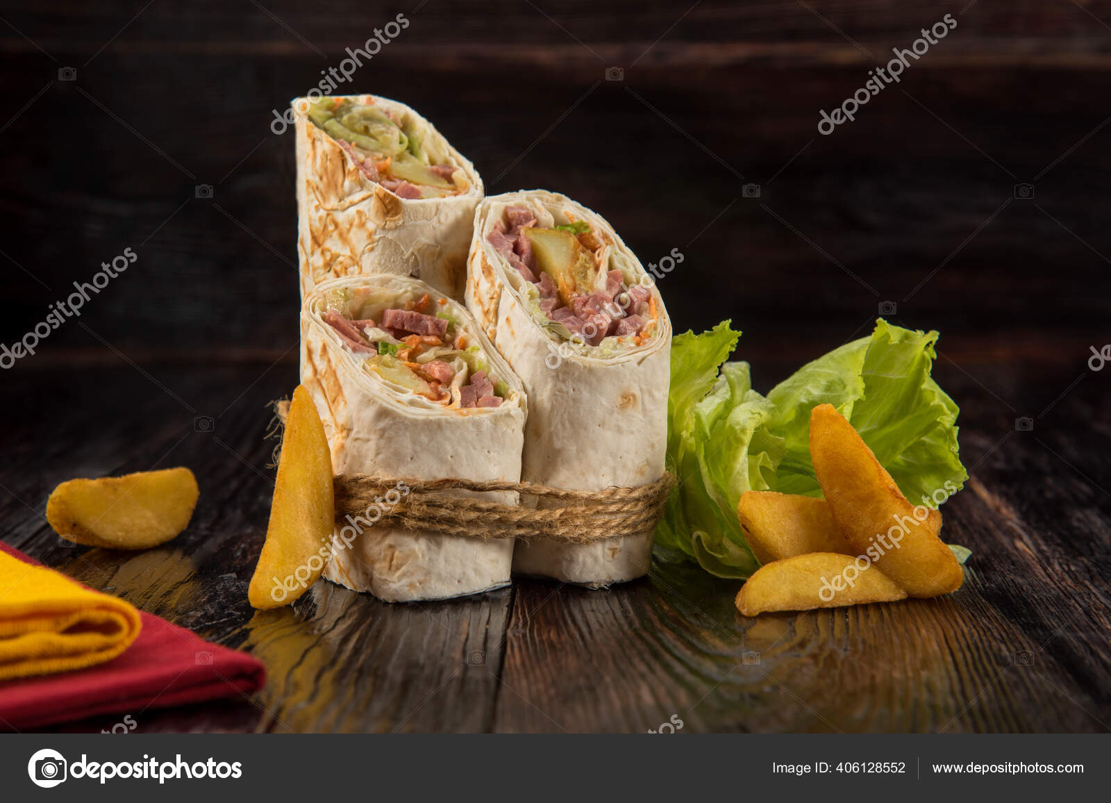 Doner Kebab Shawarma Rustic Potatoes Cabbage Wooden Textured Background ...