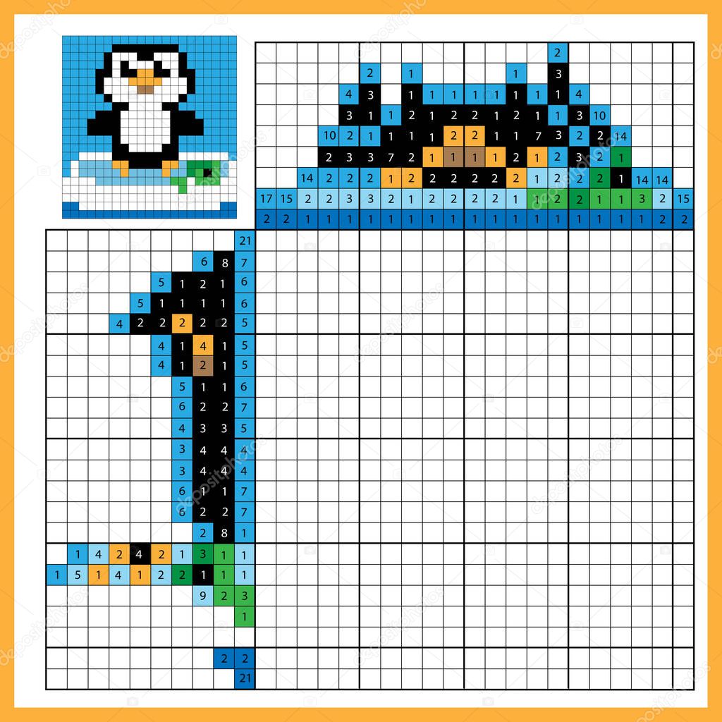 Pingüino. Crucigrama japonés colorido con respuesta. Color por números ...