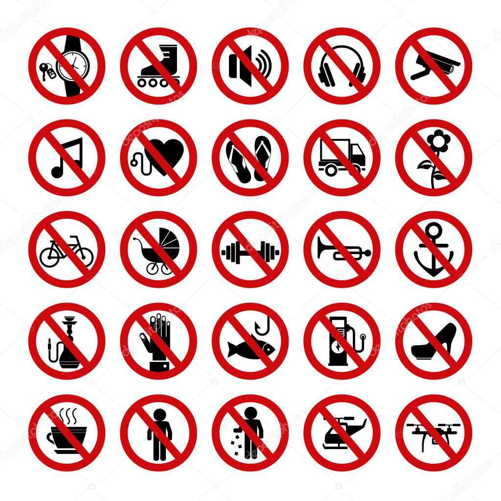 Conjunto de iconos de prohibición roja. Señales prohibidas. Ilustración ...