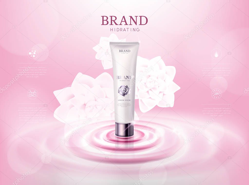 Rosa hidratante / camelia flor cosmética piel en tubo ads plantilla ...