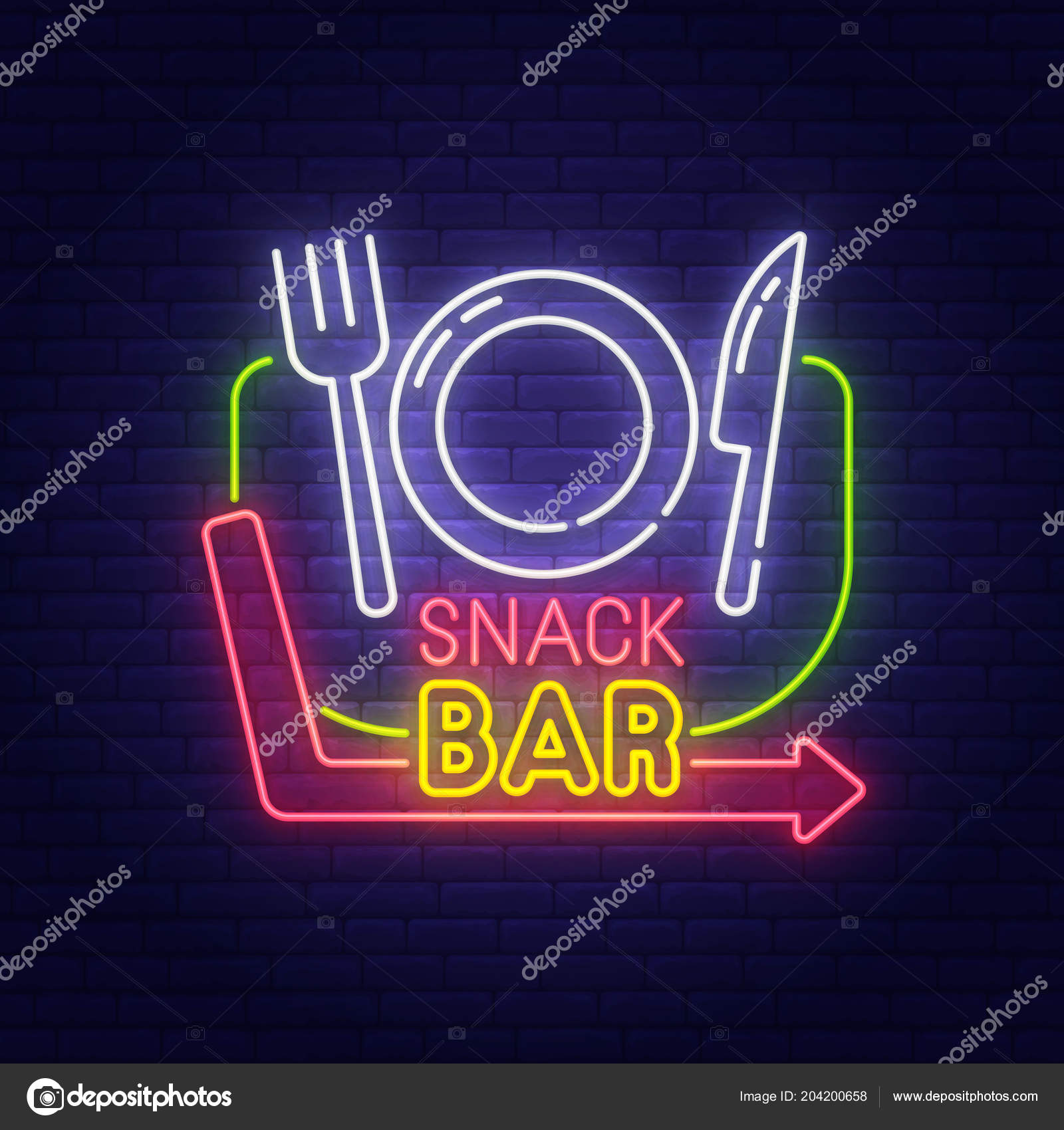 Snack bar neon sign, bright signboard, light banner. Cafe and ...