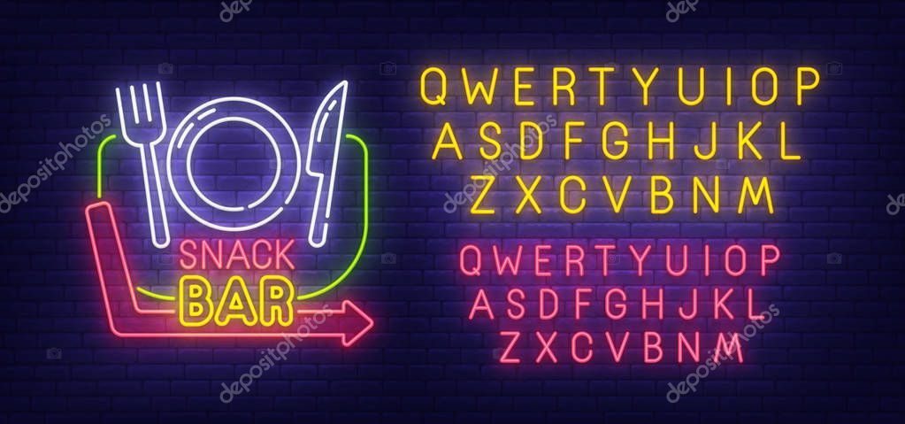 Snack bar letrero de neón, letrero brillante, banner de luz. Logo de ...