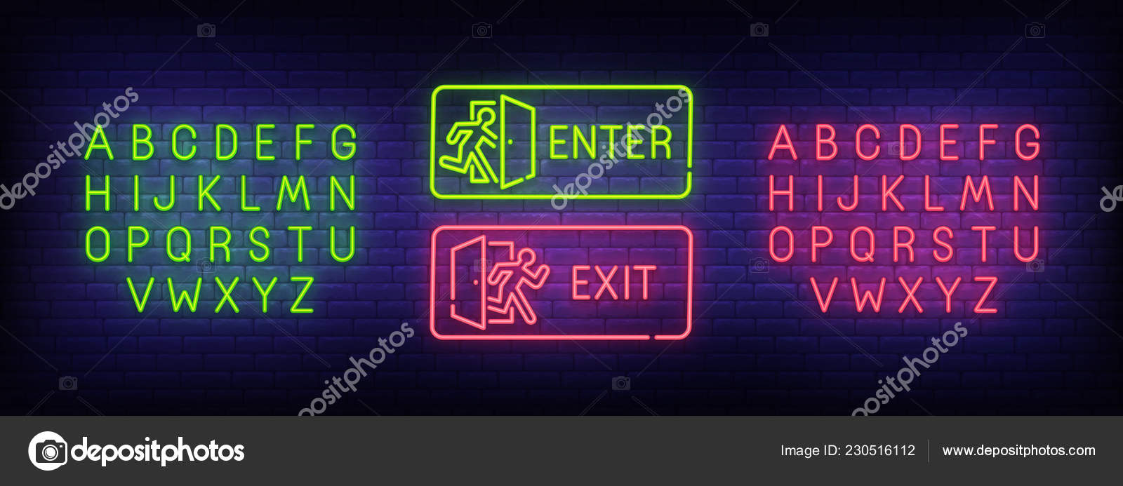 Enter neon sign, Exit neon sign. bright signboard, light banner. Neon ...