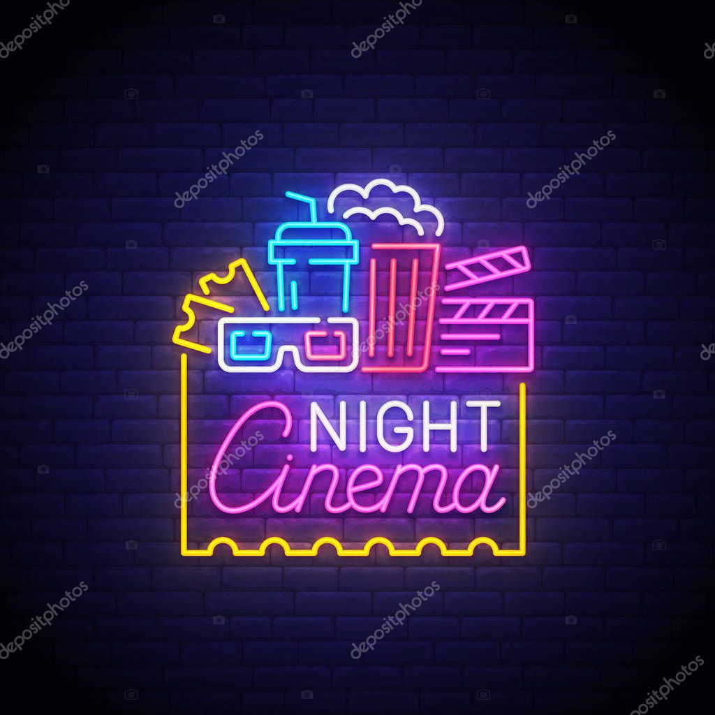 Cinema letrero de neón, letrero brillante, banner de luz. Logo de cine ...