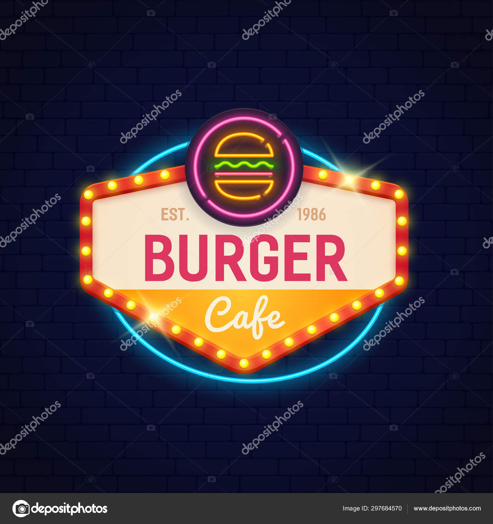 Burger neon sign. Fast food cafe bright sign. Burger cafe logo, emblem ...