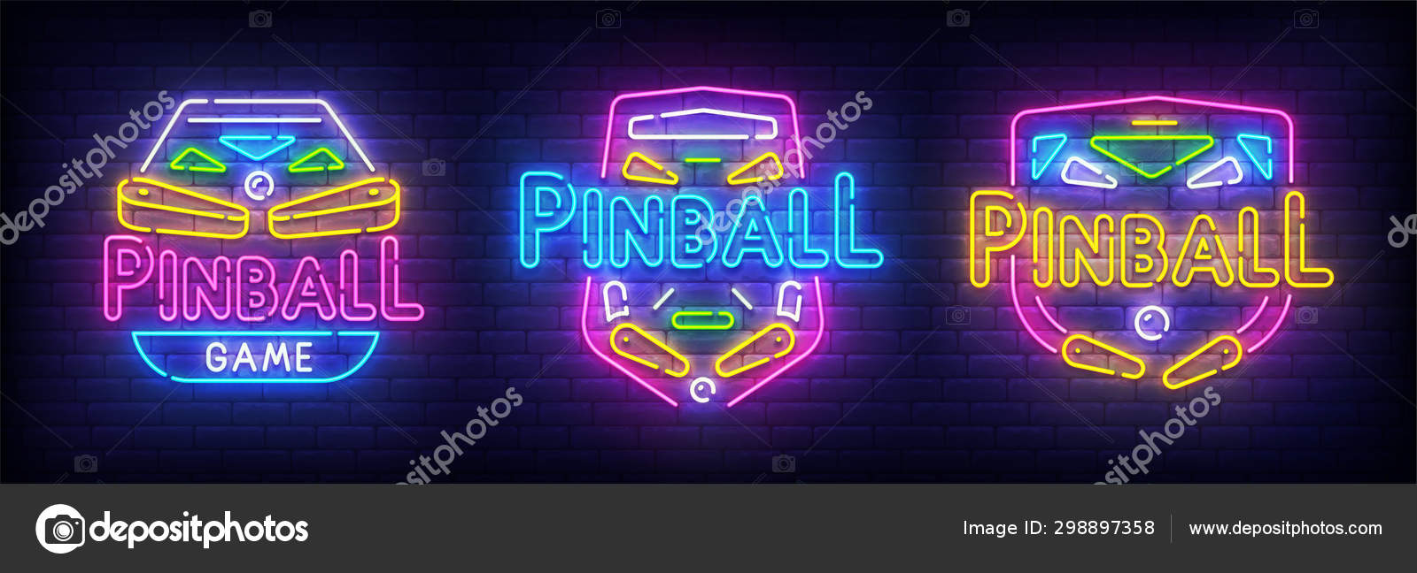 Pinball neon sign, bright signboard, light banner. Set Pinball logo ...