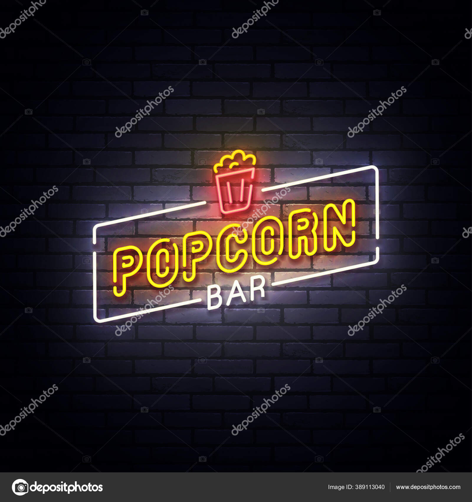 Popcorn neon sign, bright signboard, light banner. Popcorn logo neon ...