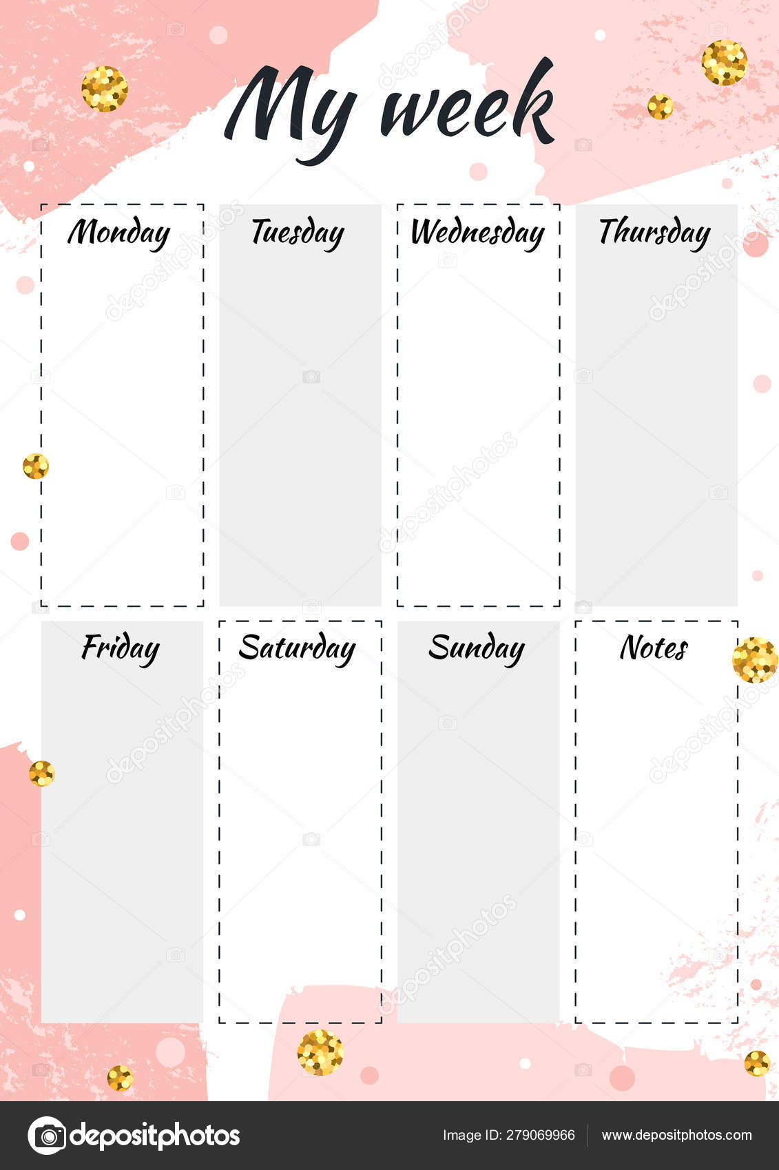 Creative planner MY WEEK with gold glitter sparkles on pink brus Stock ...