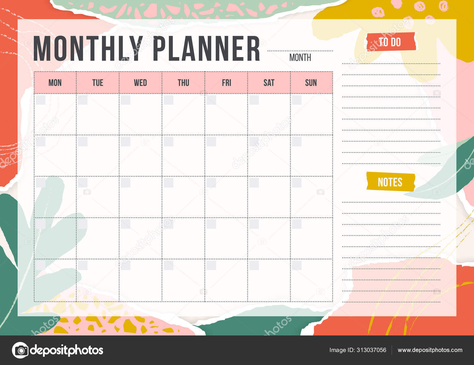 Floral monthly planning template with pieces of torn paper, flower and ...