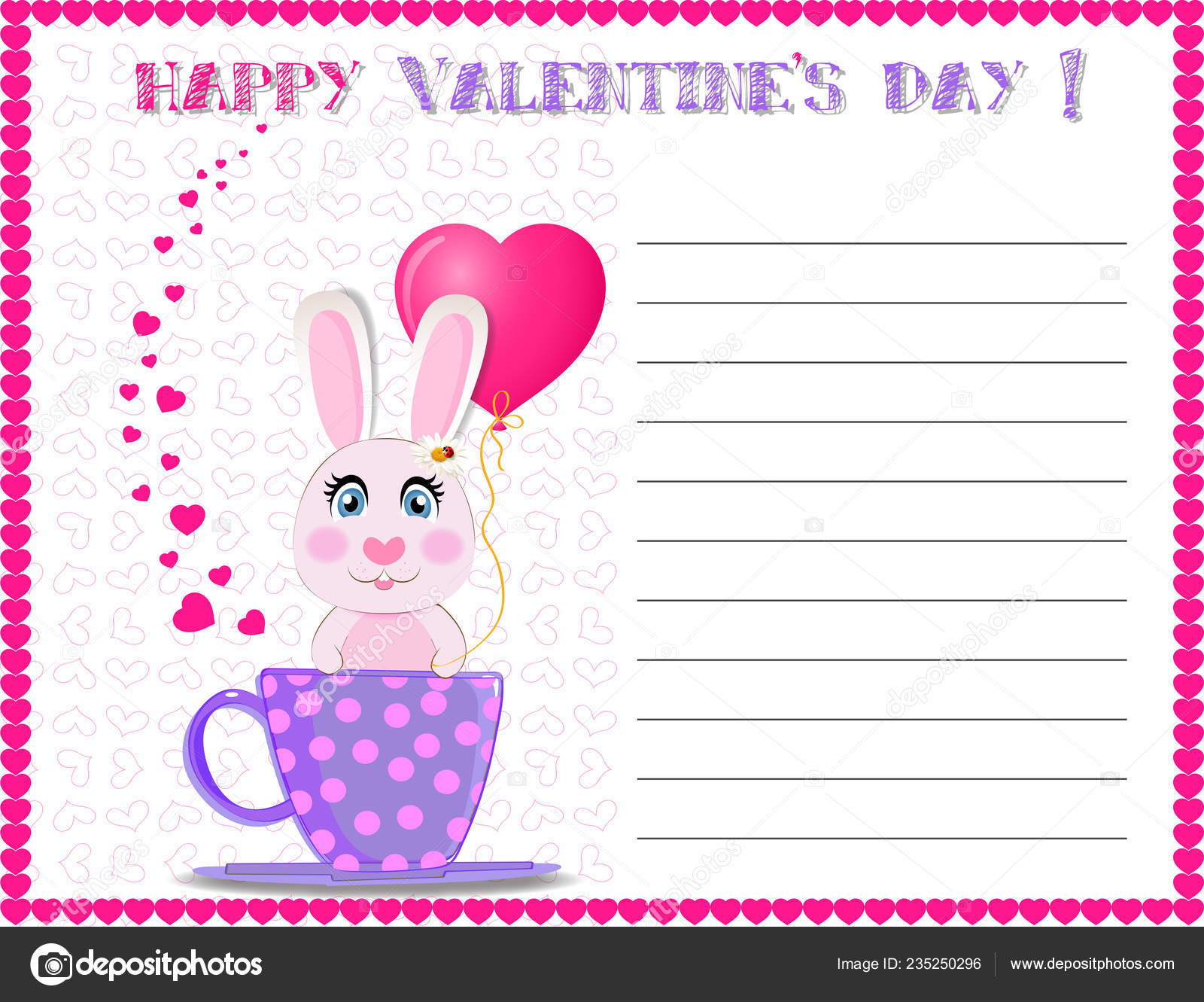 Happy Valentine's Day Greeting Card Cute Cartoon Rabbit Holding Pink ...