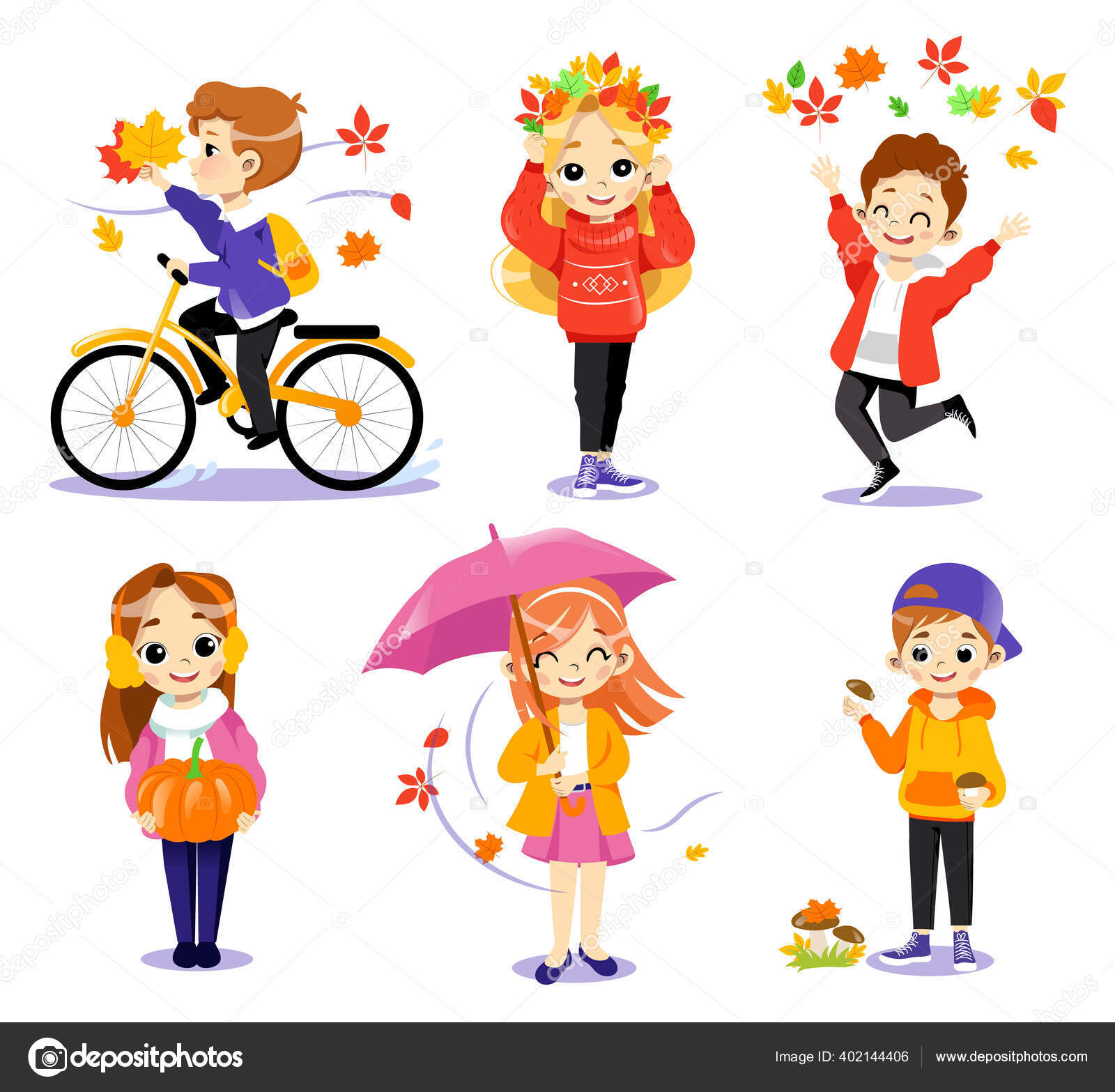 Set Of Happy Kids Enjoying Autumn Season. Vector Illustration Of ...
