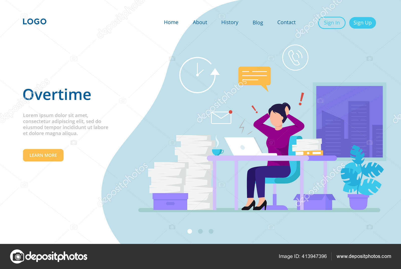 Stressed And Overworked Concept. Female Character Sitting At The Table ...