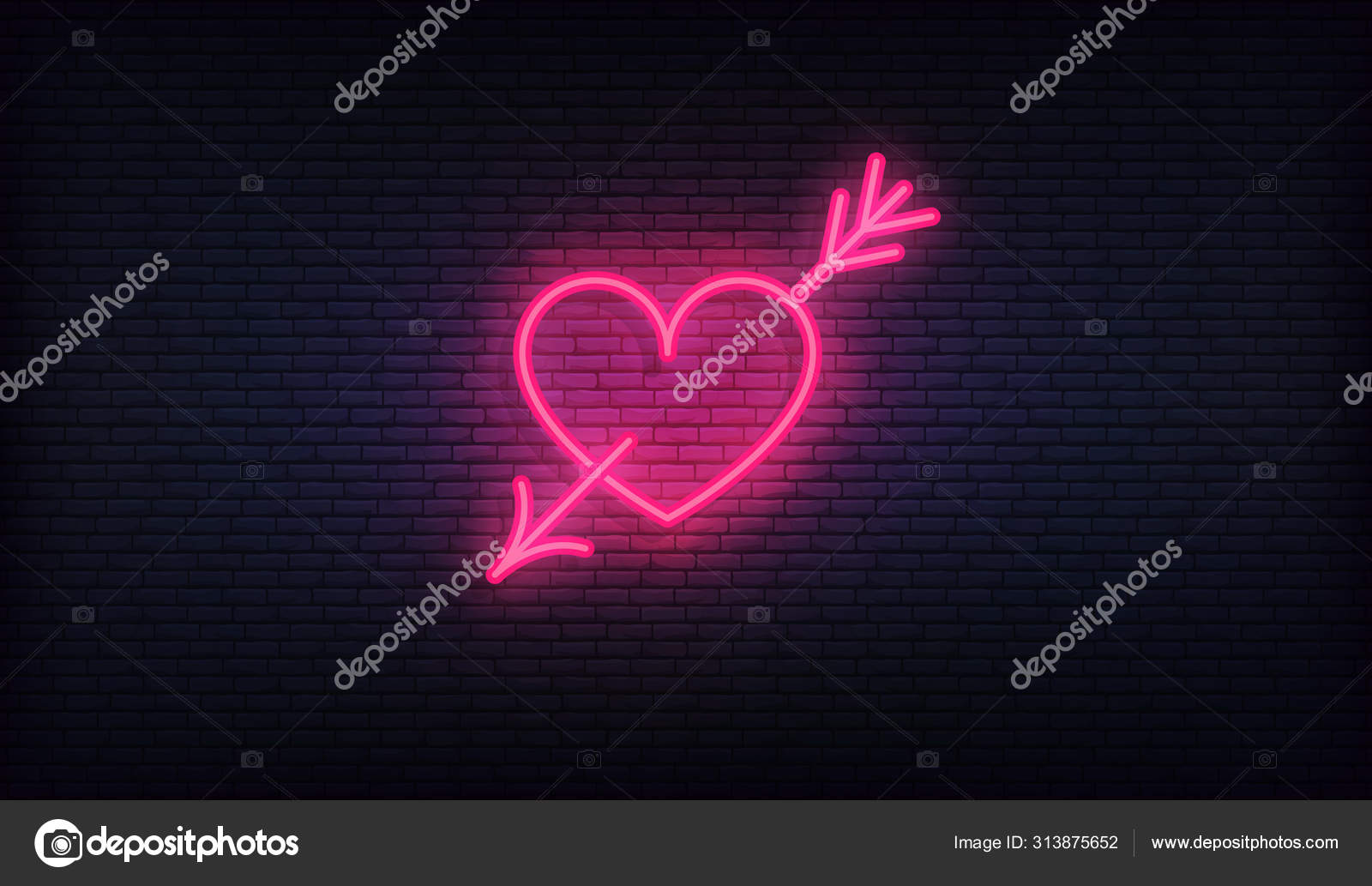Corazón con flecha signo de neón. Brillante diseño de letrero corazón ...