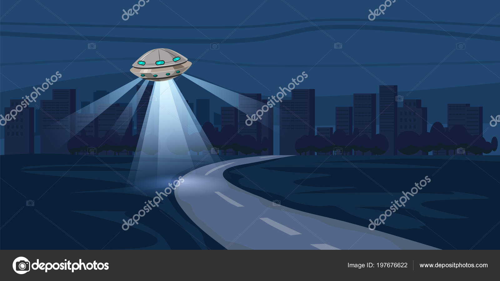 UFO flying over night city, metropolis, houses, skyscrapers, expensive ...