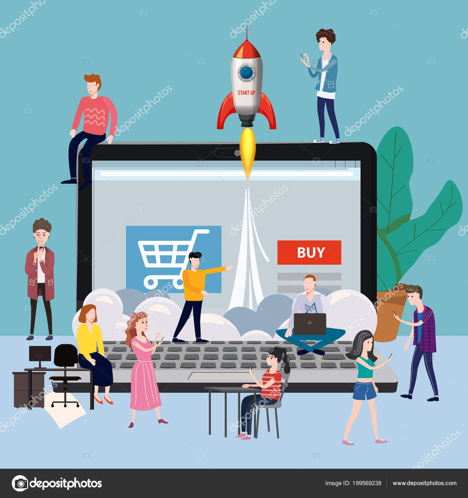 Outdoor laptop with purchase screen, team of characters, male and ...