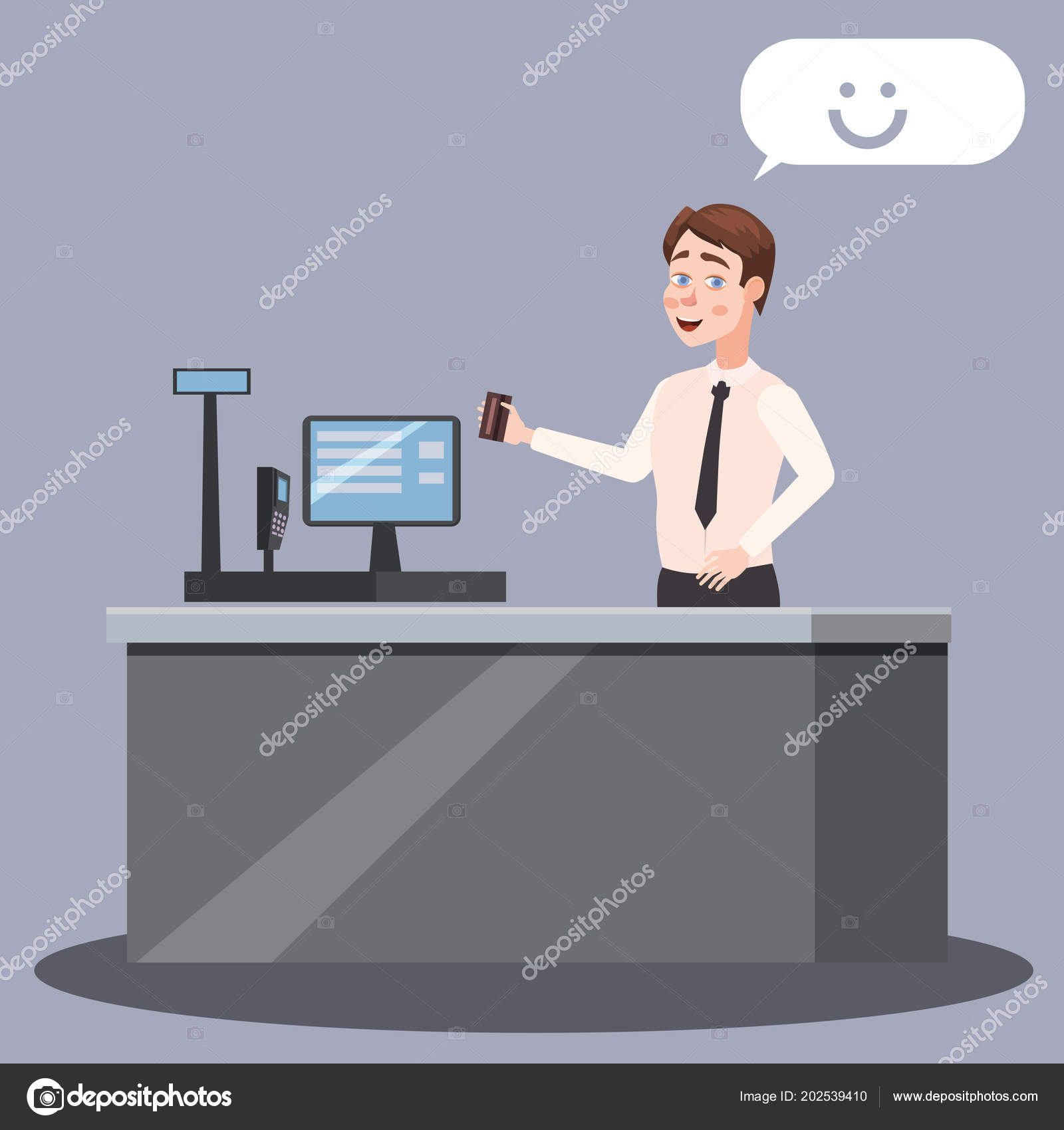 Cashier standing at the checkout. Cashier working at the checkout in a ...