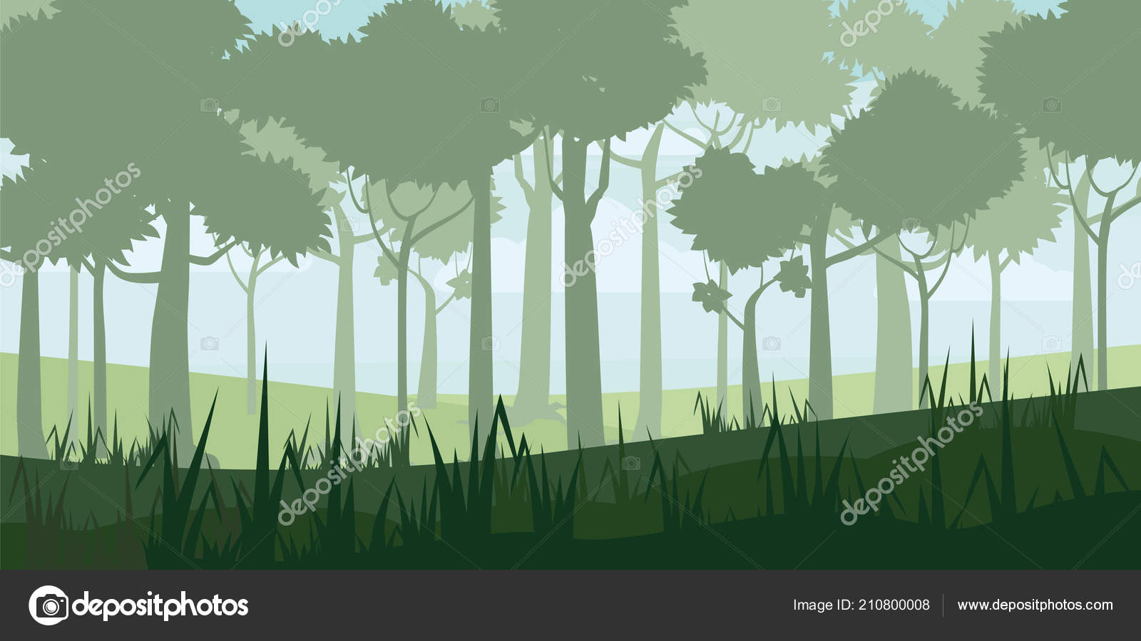 Background of landscape with deep deciduous forest. Cartoon style ...