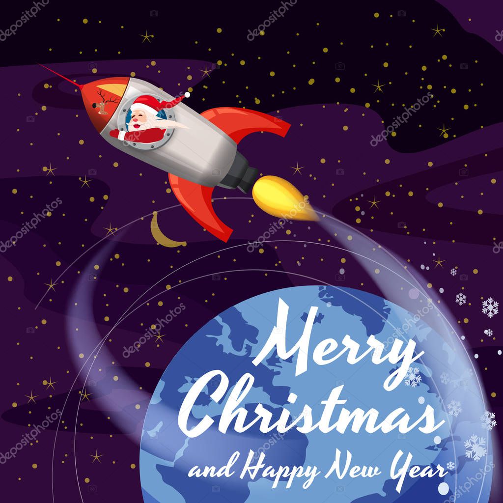 Santa Claus en un cohete vuela en el espacio alrededor de la Tierra ...