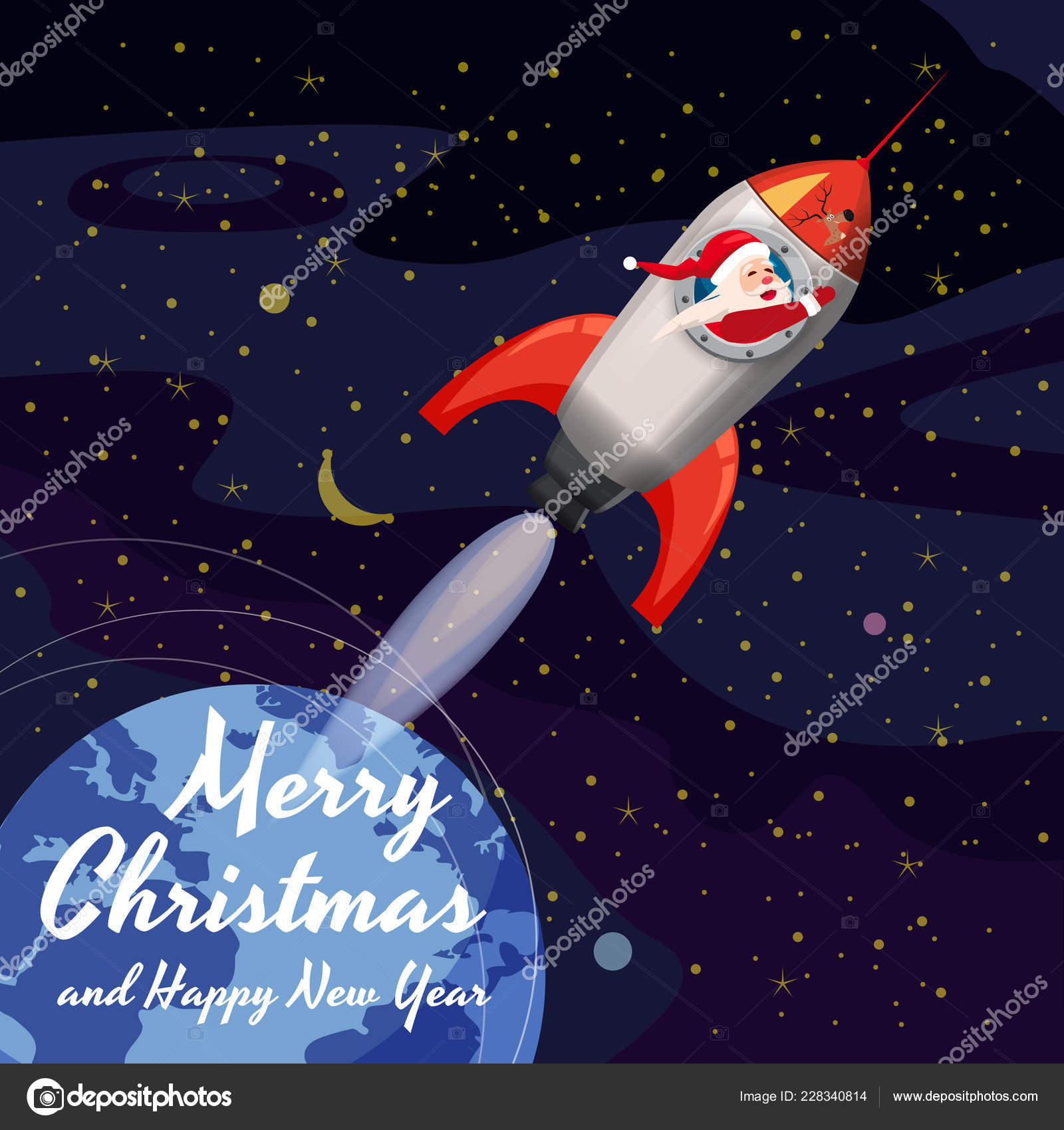 Santa Claus on a rocket flies in space around the Earth, Merry ...