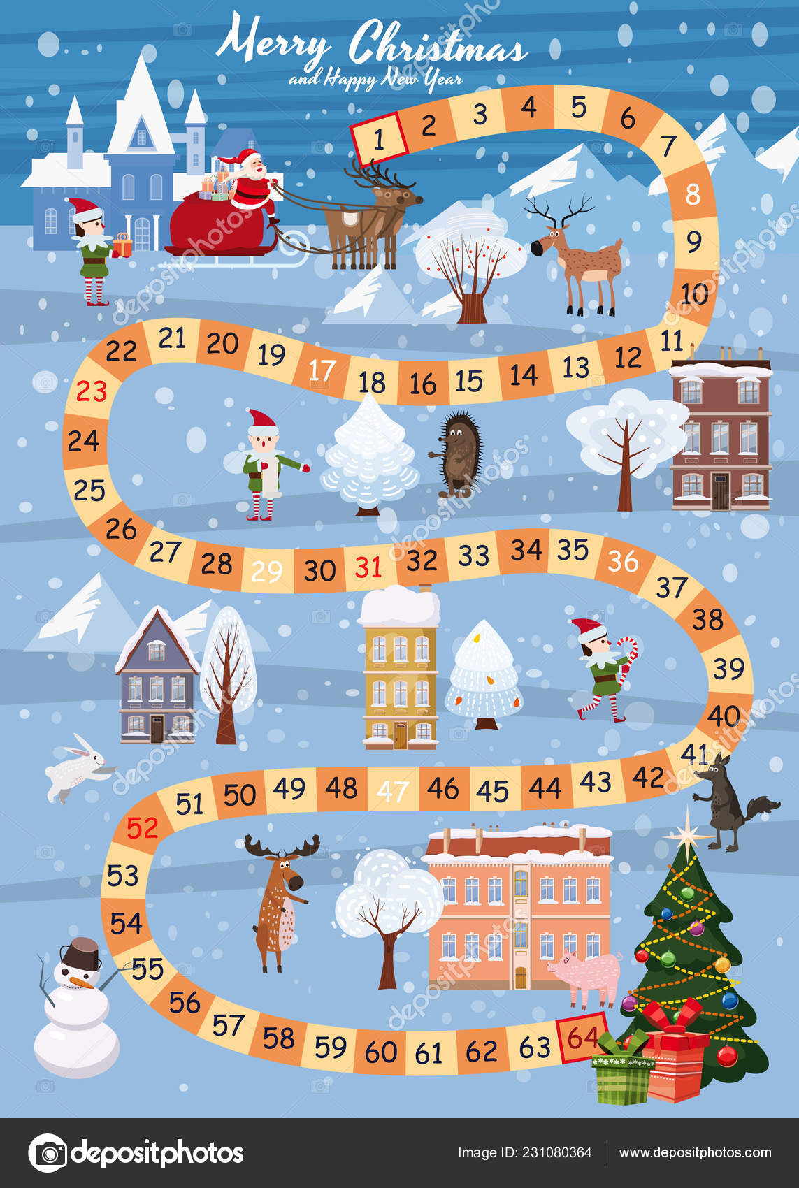 Juego de mesa Feliz Navidad y Feliz Año Nuevo. Santa Claus en un trineo ...