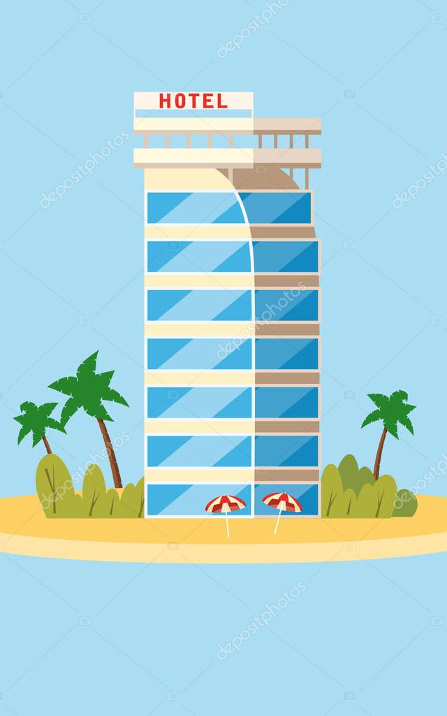 Hotel, vacaciones, viajes, isla tropical, edificio, palmeras ...