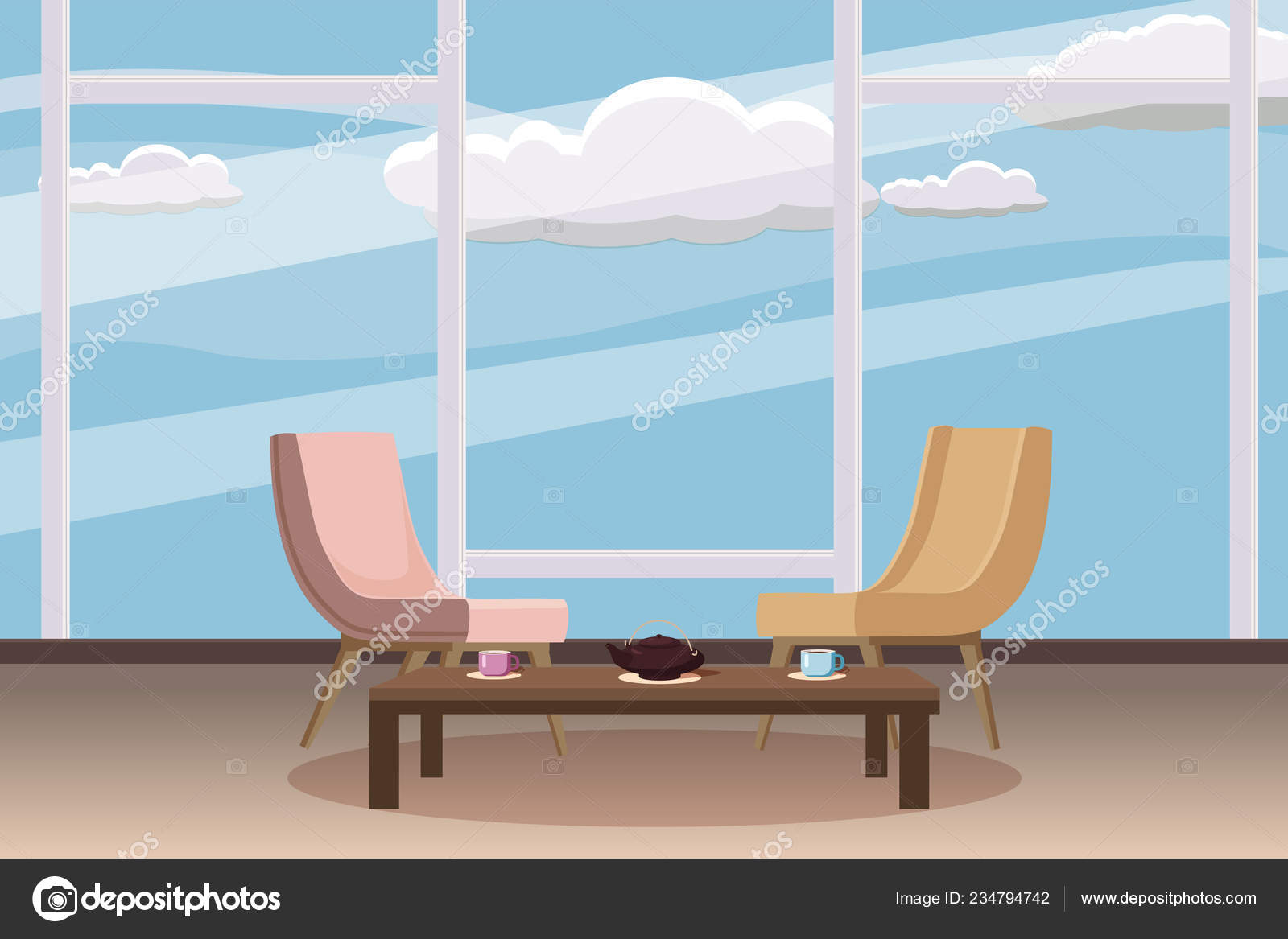 Chairs, tea table, furnitiure, window, teapot, cups, template for ...