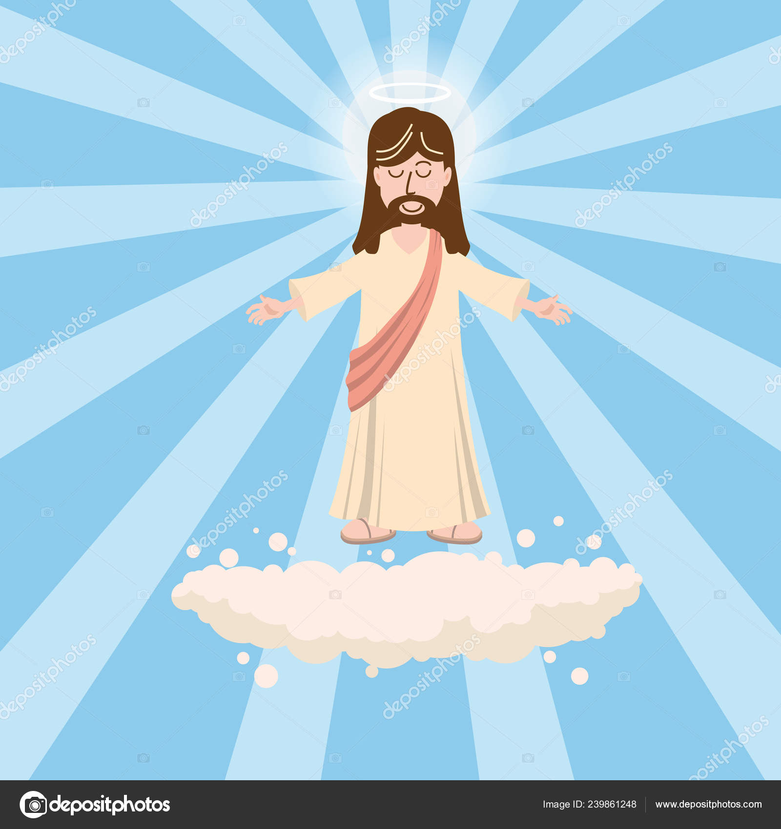 Cute God smiles with love with open arms, a nimbus of a saint above his ...