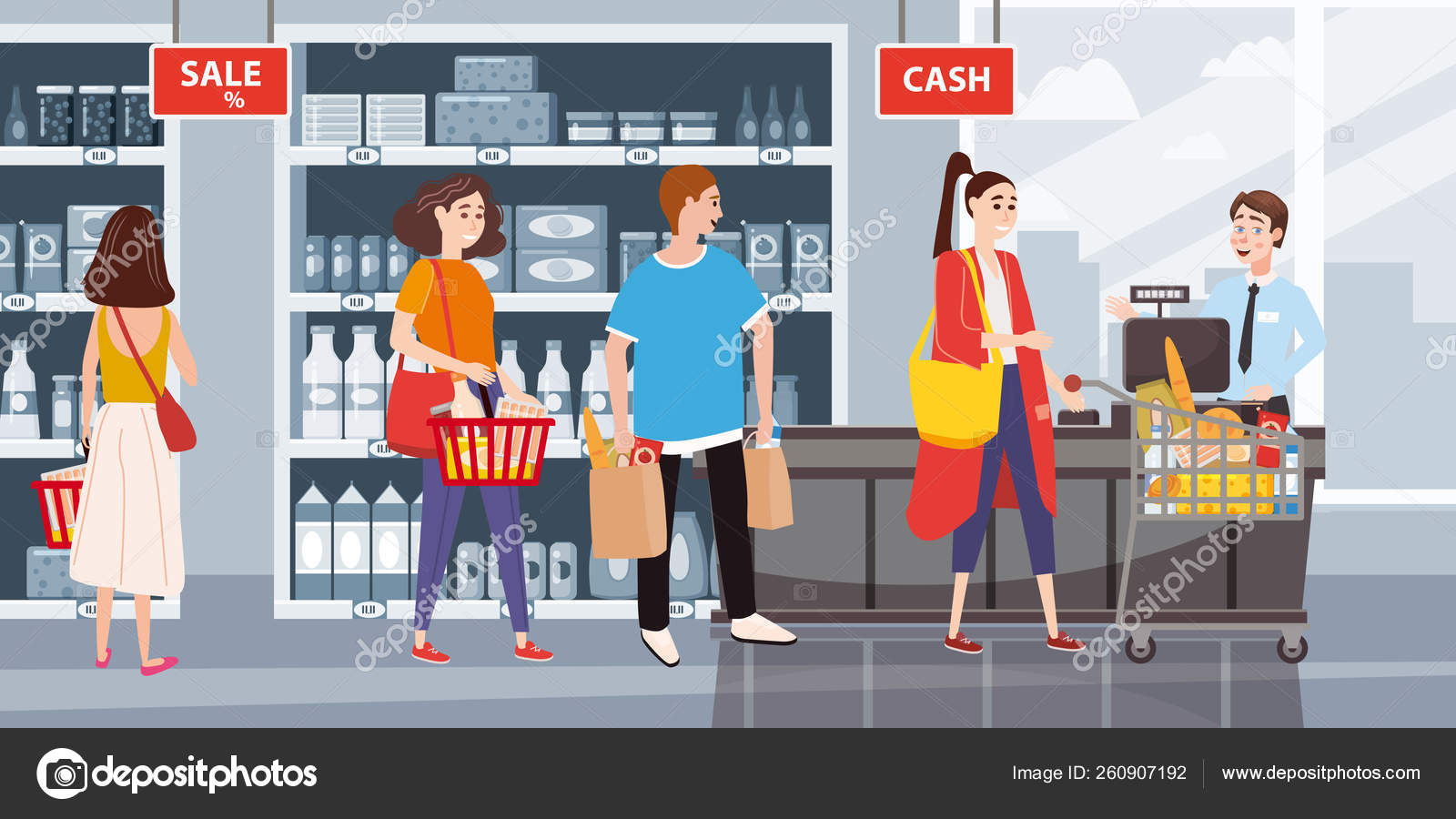 Supermarket or store interior with shelves and goods, groceries, cash ...