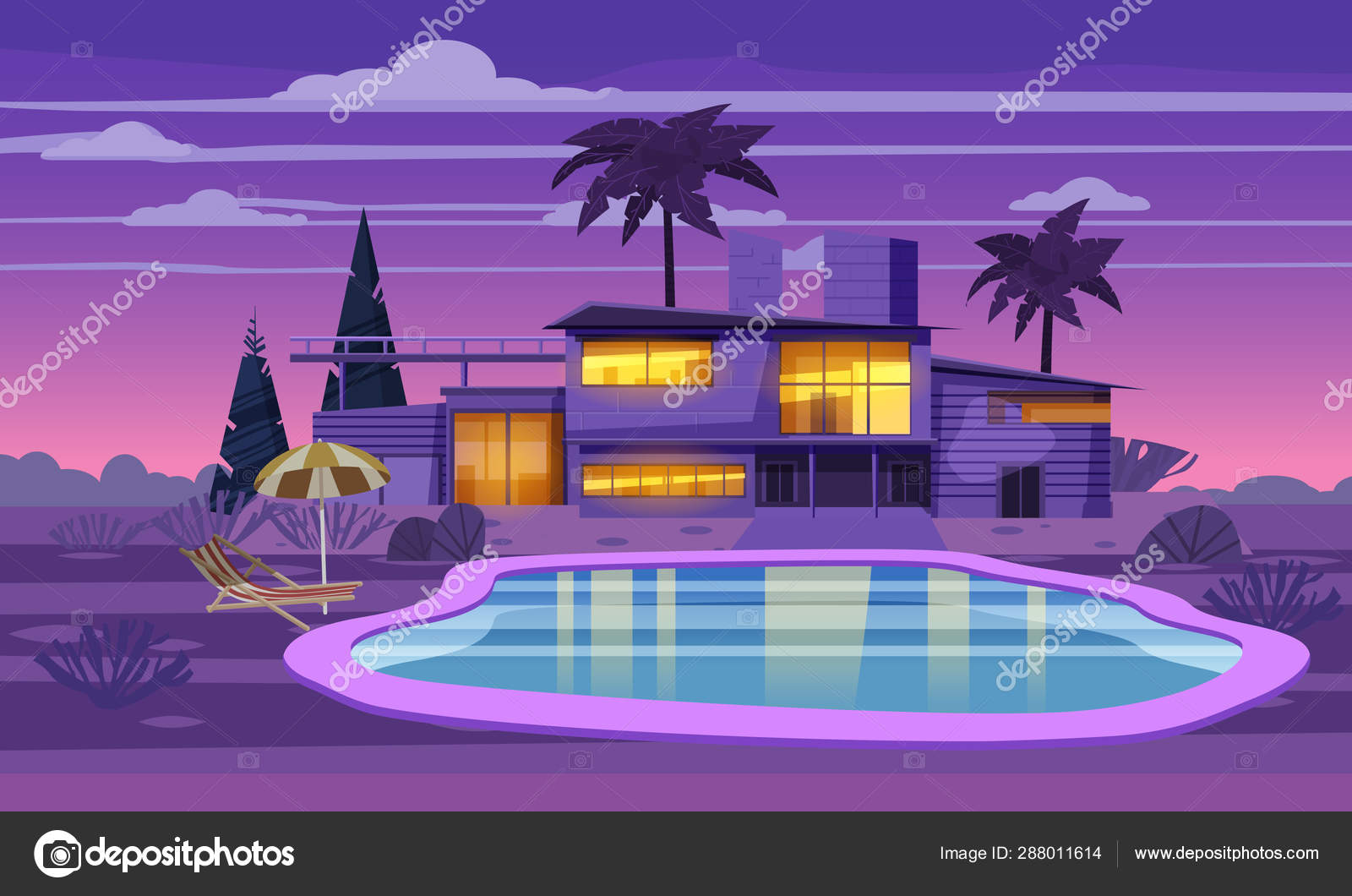 Modern villa on residence in exotic country night, expensive mansion in ...